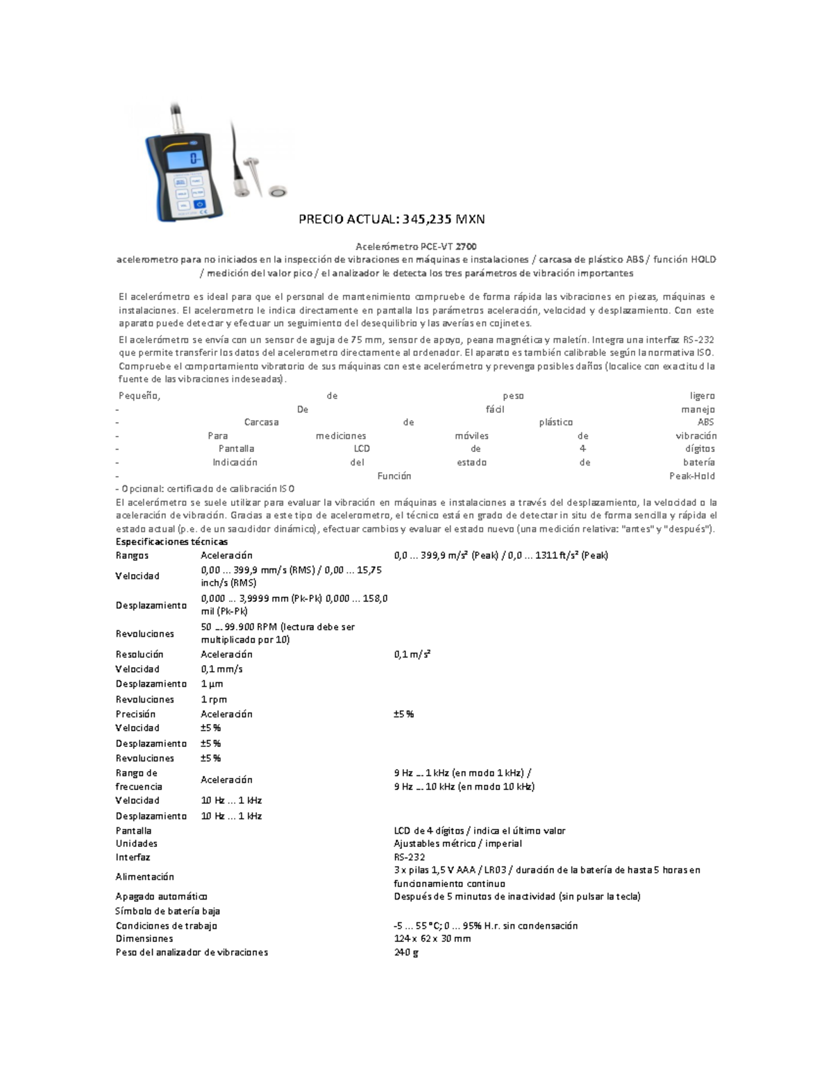 Pag 5 - tareas - PRECIO ACTUAL: 345,235 MXN Acelerómetro PCE-VT 2700 ...
