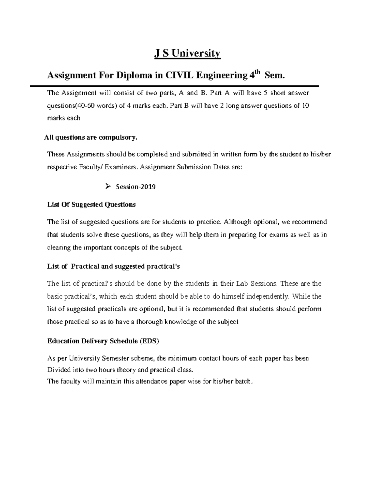 Assignment For diploma js in Civil Engineering 4th Sem - J S University ...