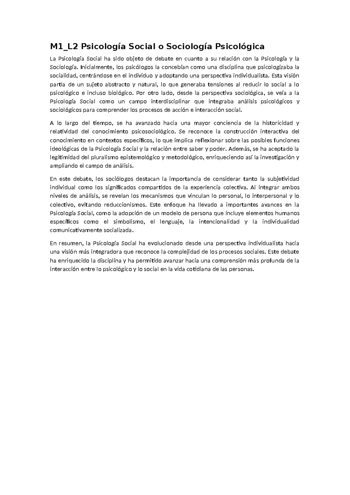 Psicología Social o Sociología Psicológica - M1_L2 Psicología Social o Sociología Psicológica La ...