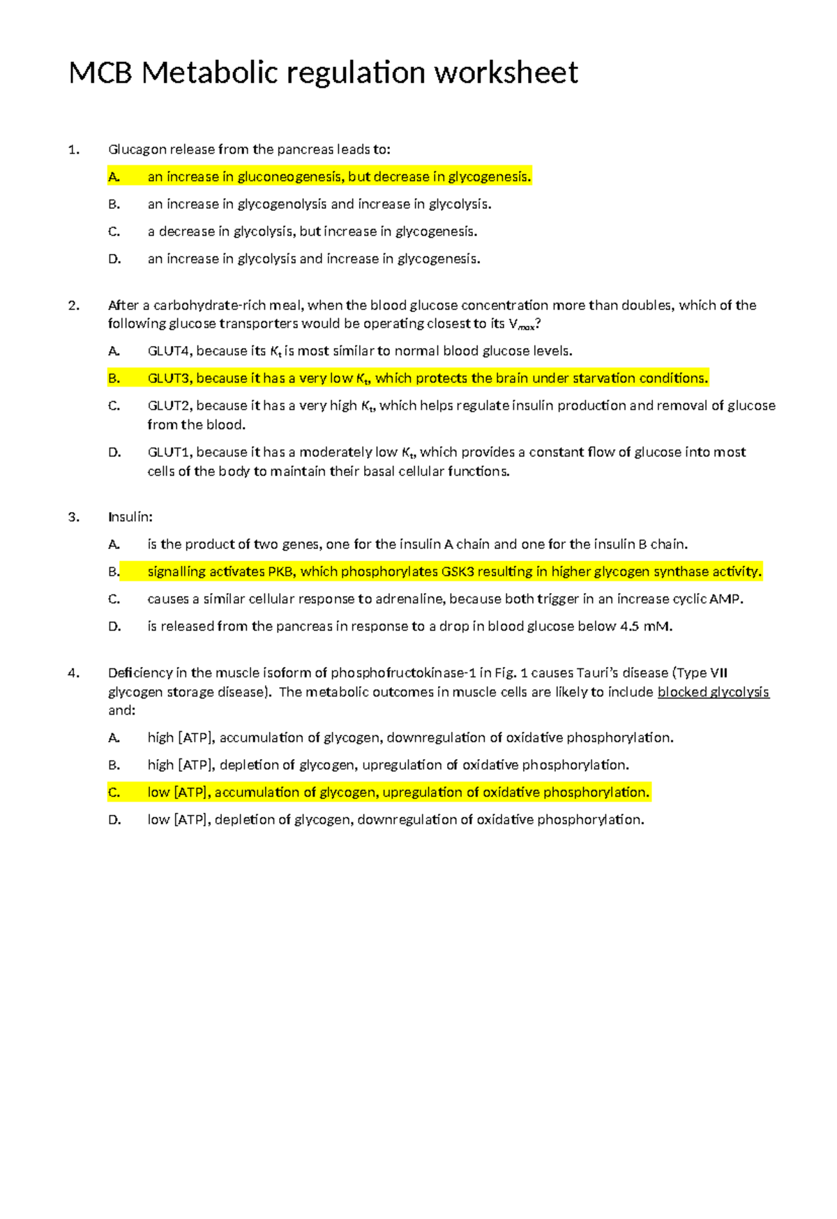 Metabolic regulation worksheet with answers - MCB Metabolic regulation ...