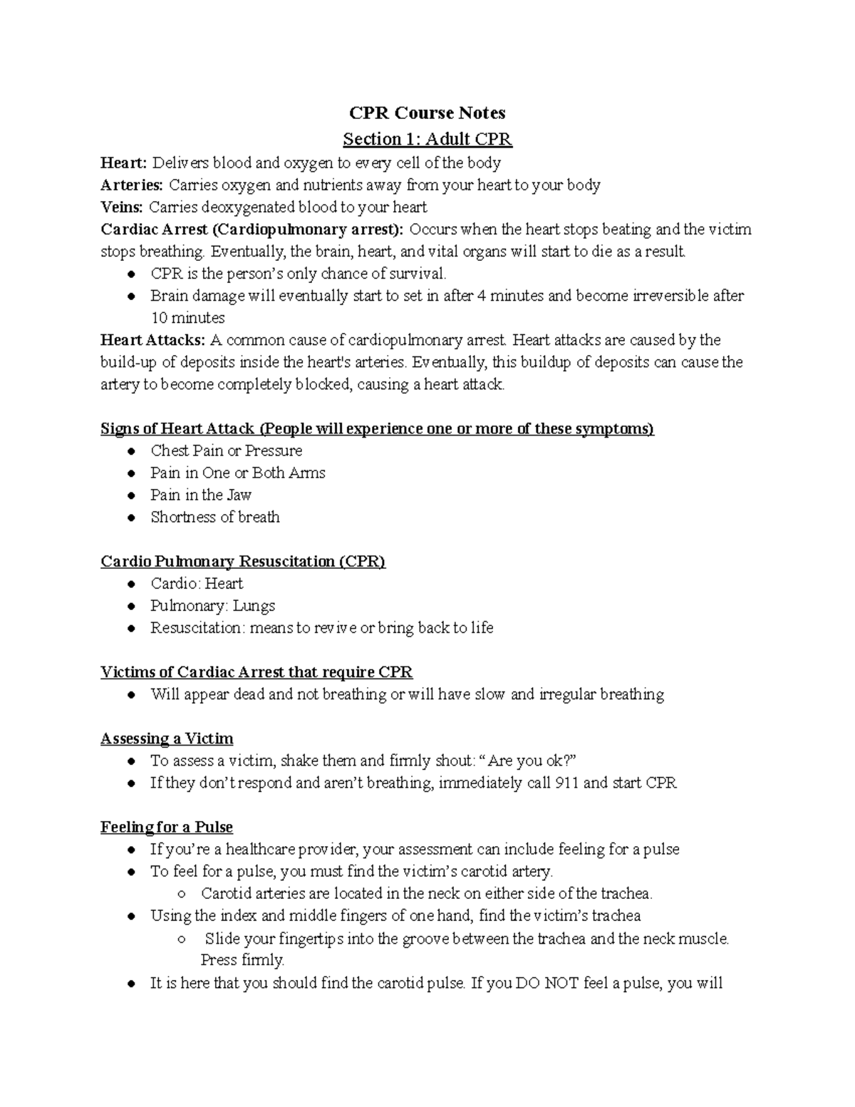 CPR Course Notes - CPR Course Notes Section 1: Adult CPR Heart ...