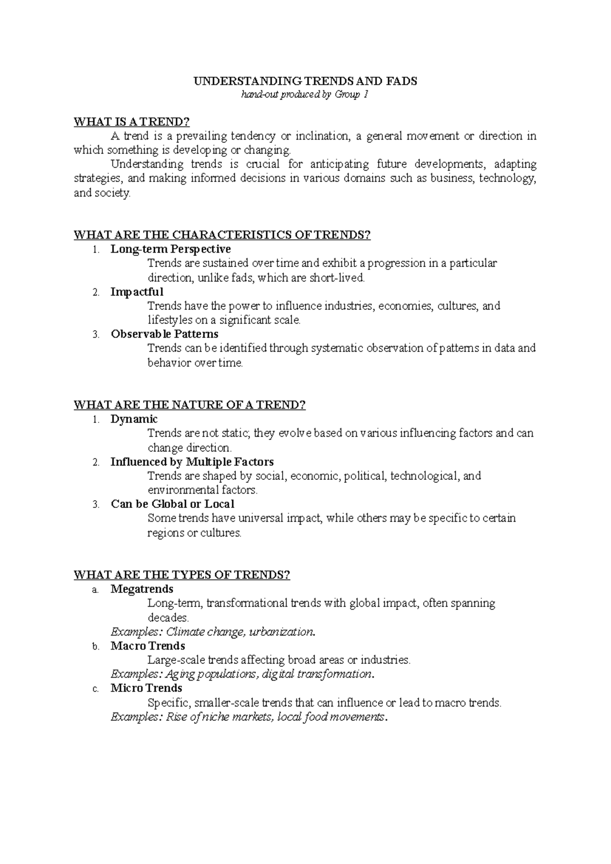 Understanding Trends AND FADS Handouts - UNDERSTANDING TRENDS AND FADS ...