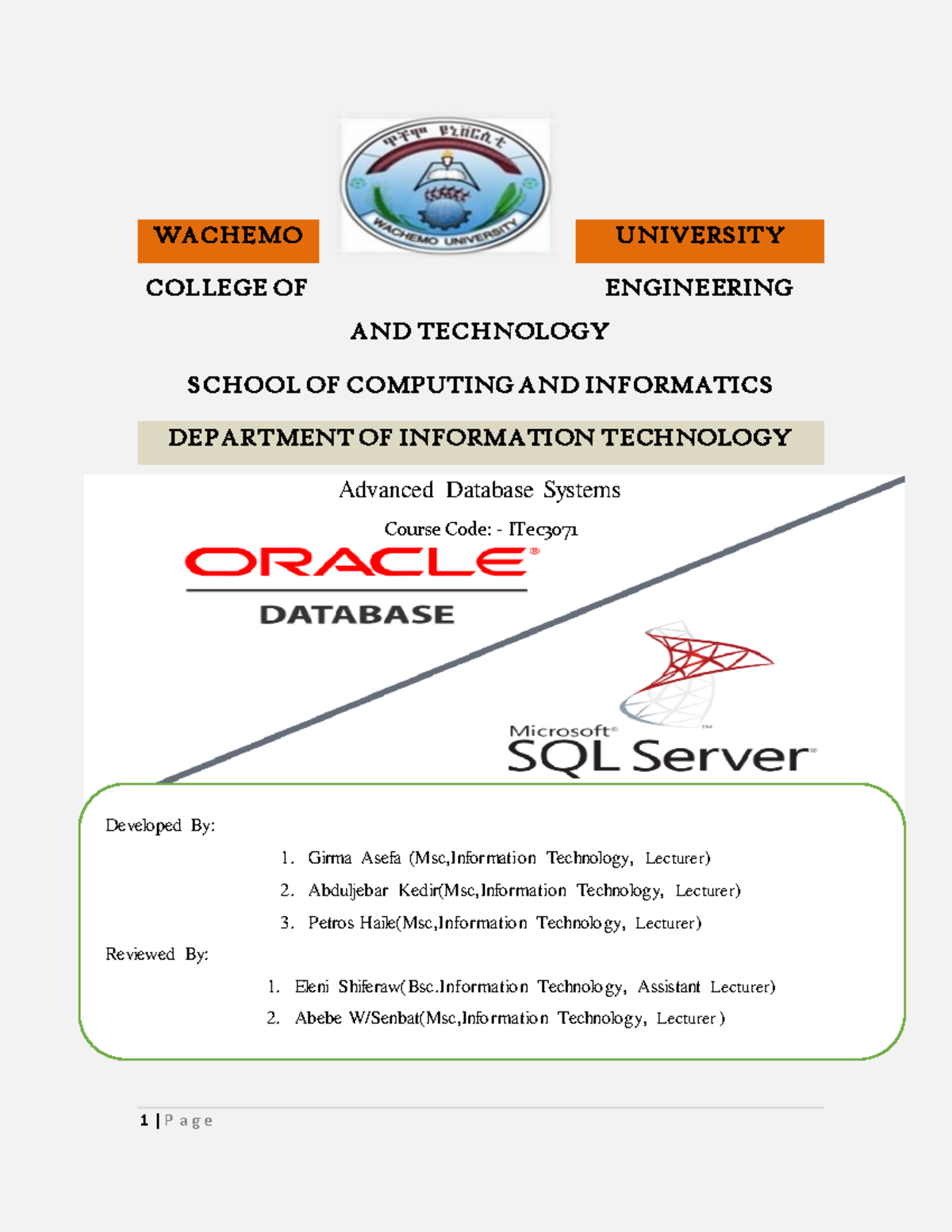 Advanced database Modules - WACHEMO UNIVERSITY COLLEGE OF ENGINEERING ...