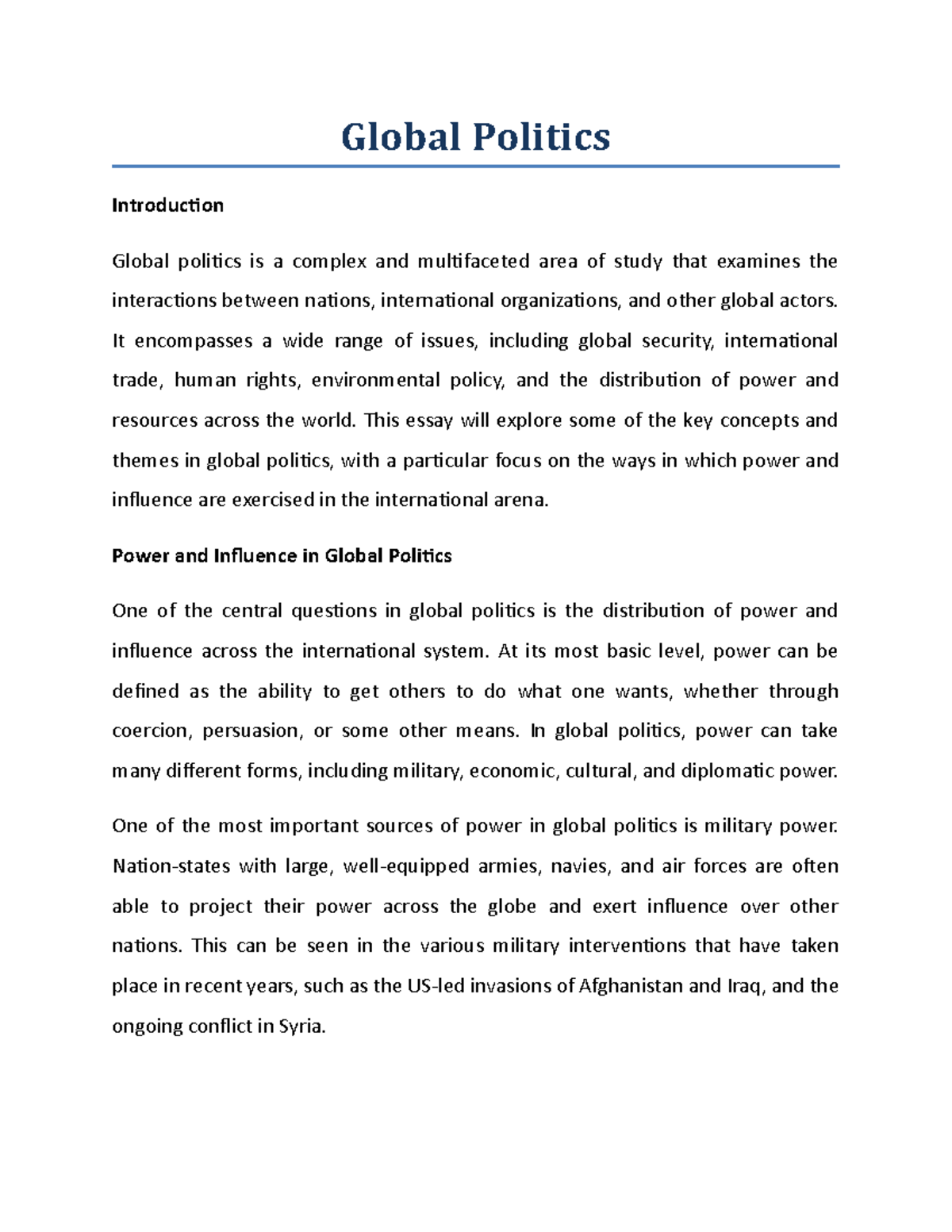 Global Politics - Global Politics Introduction Global politics is a ...