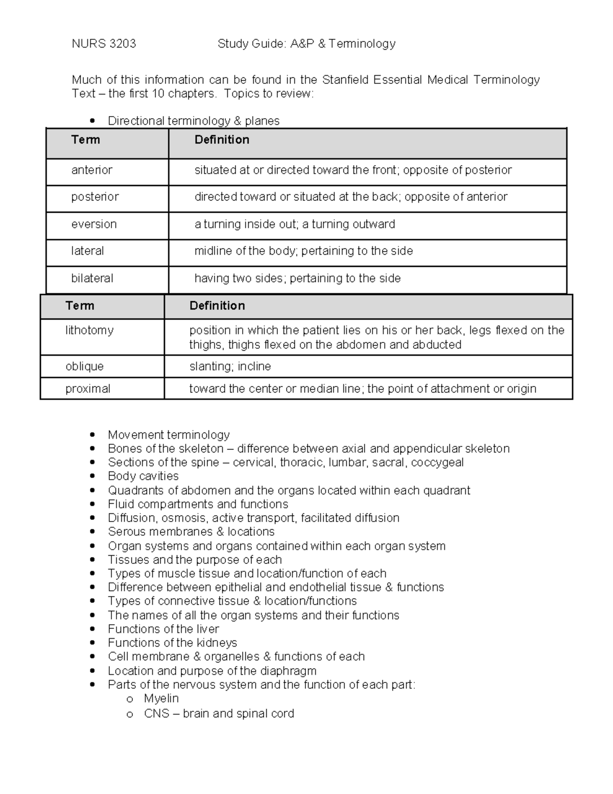 A& p review patho - NURS 3203 Study Guide: A&P & Terminology Much of ...