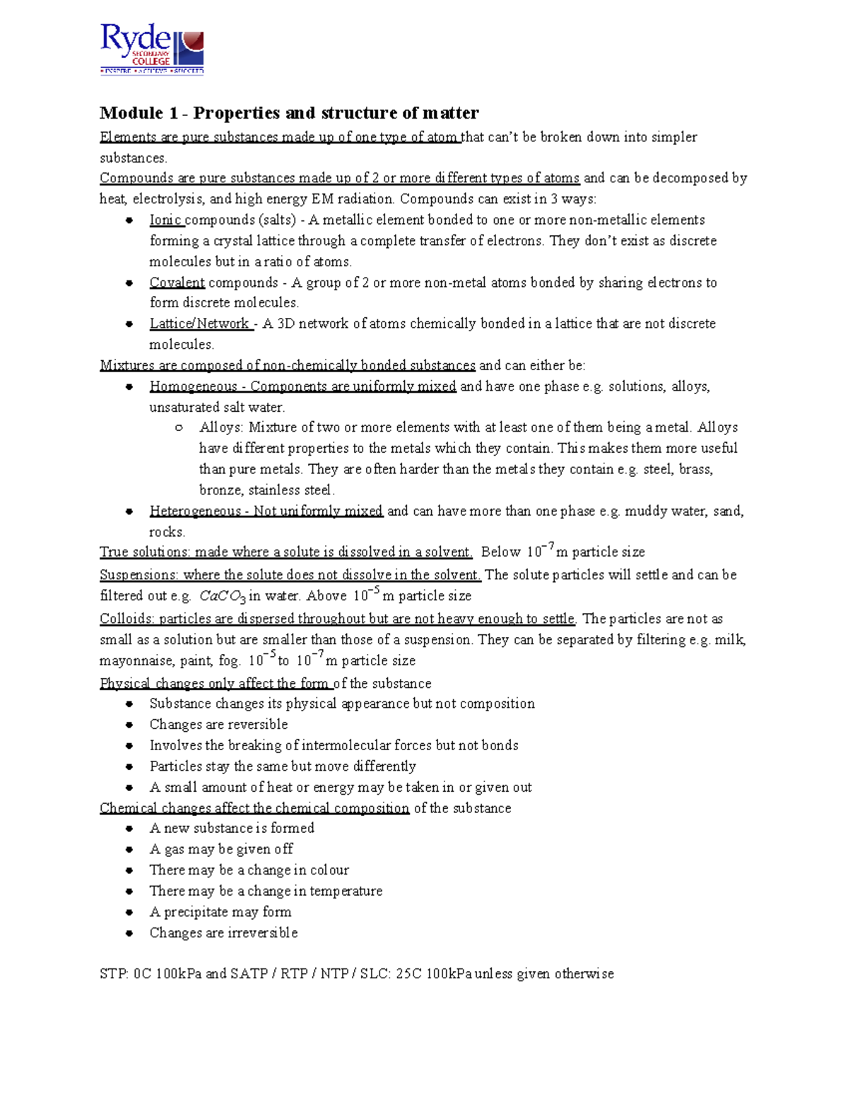 Chemistry NEW Syllabus Preliminary Notes - Module 1 - Properties and ...