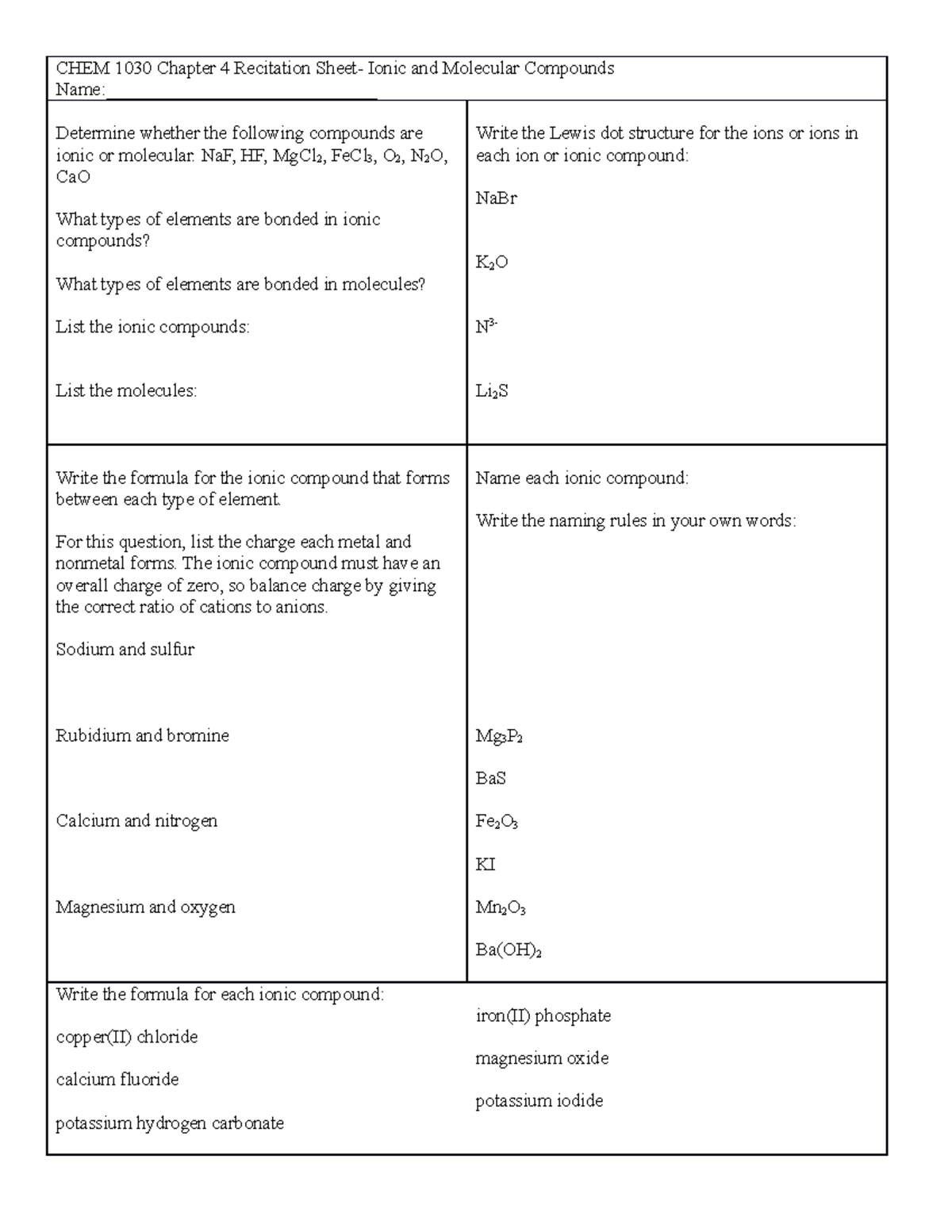 Ch4 Recitation Sheet - NaF, HF, MgCl CaO 2 , FeCl 3 , O 2 , N 2 O, What ...