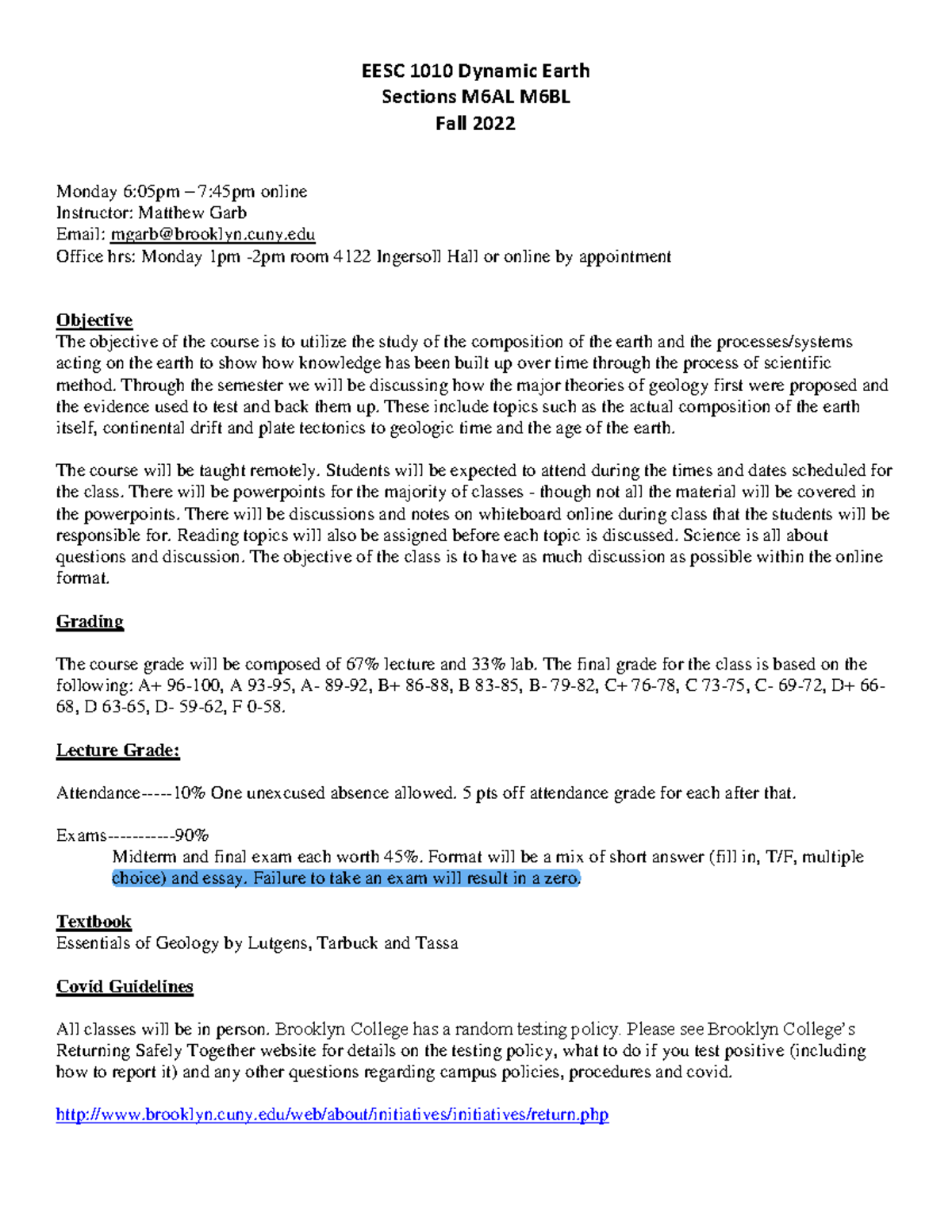 Garb EESC 1010 M6AL M6BL lecture syllabus Fall 2022 - EESC 1010 Dynamic ...
