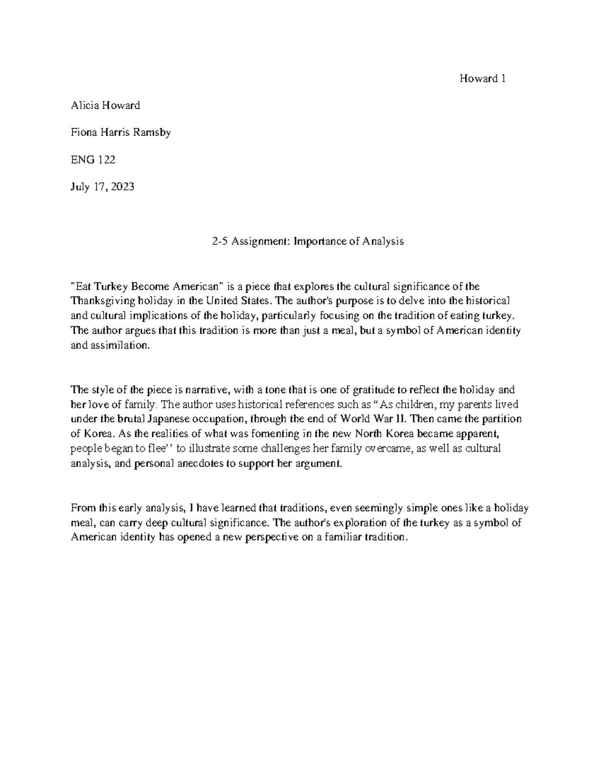 2-5 Assignment Importance of Analysis reconstructed july 17 - Howard 1 ...