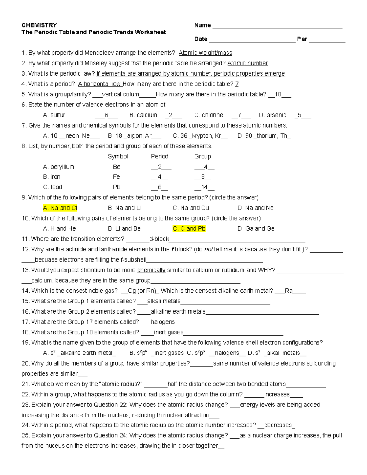 Periodic Table and Trends Wksht - CHEMISTRY Name ...
