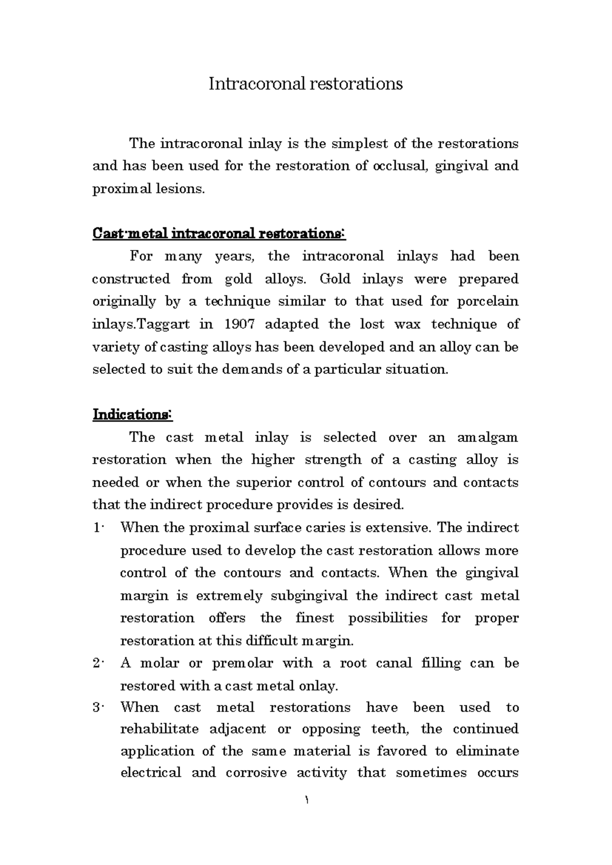 Fixed IV - Lec 2 - Intracoronal Restoration (Handout) - Intracoronal ...
