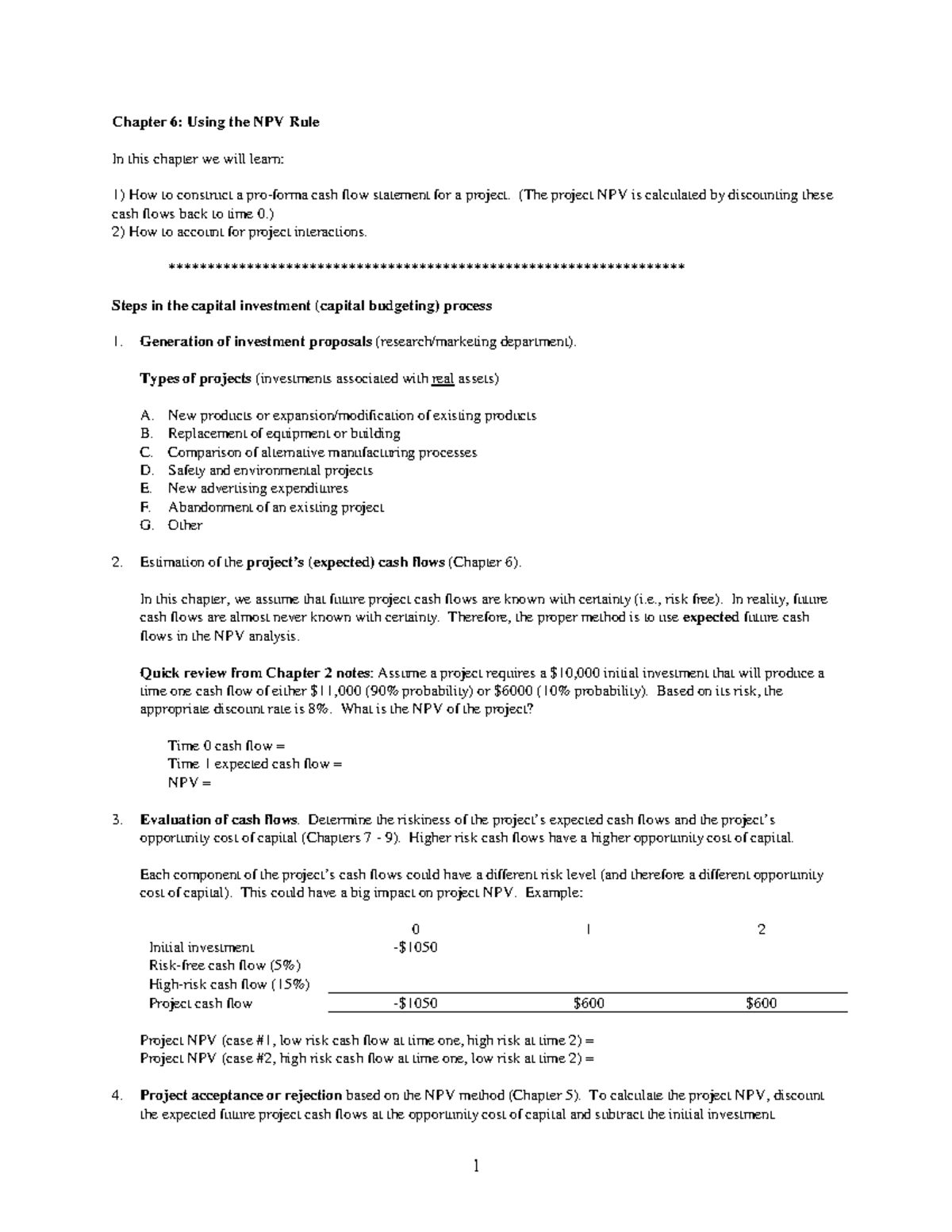 Chap6 - NPV calculation. - Chapter 6: Using the NPV Rule In this ...