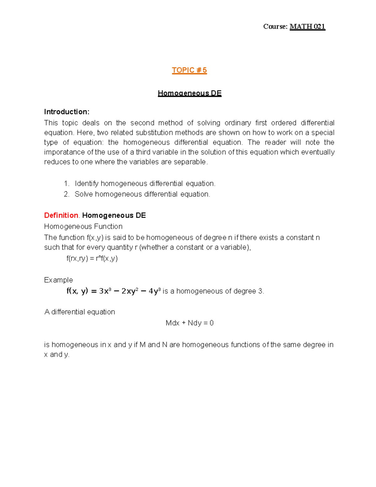 Lesson 5 Homogeneous DE - Differential Equations - TIP - Studocu