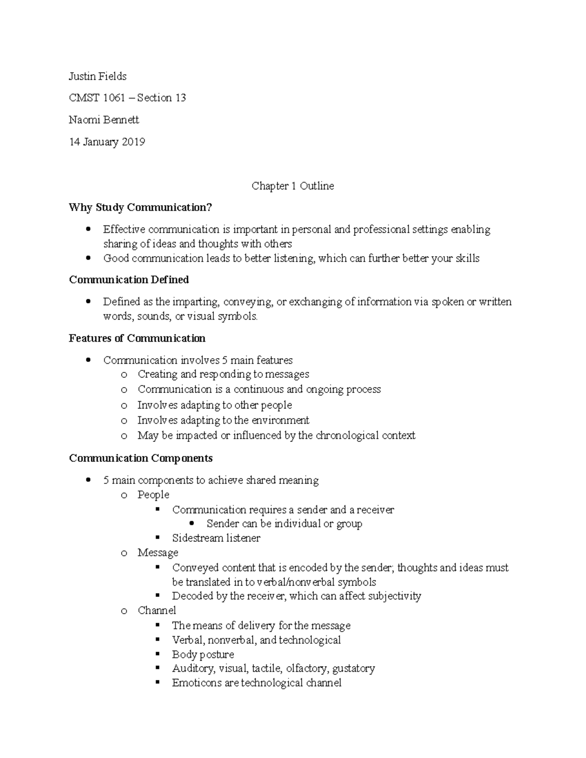 Chapter 1 Outline - Justin Fields CMST 1061 – Section 13 Naomi Bennett ...