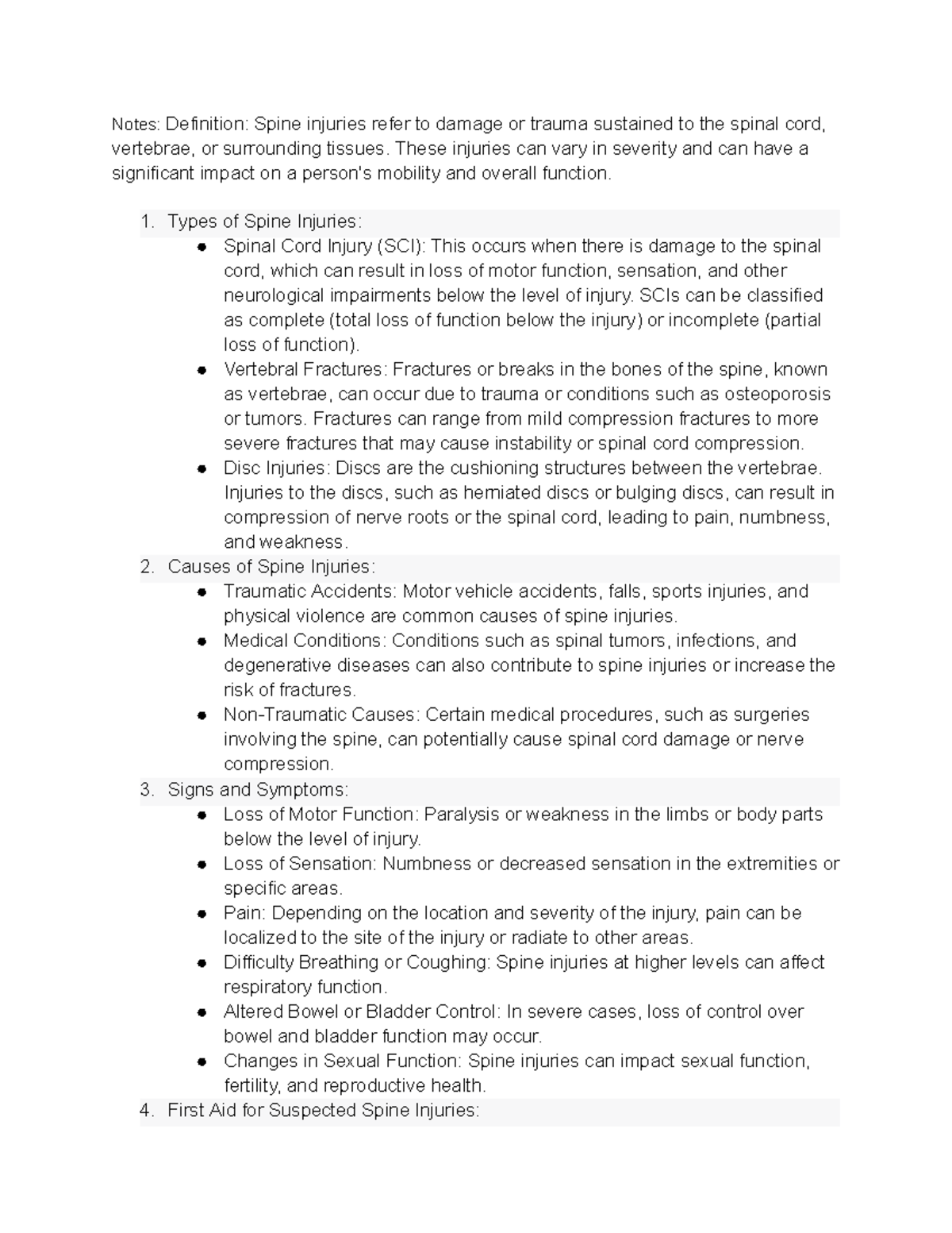 Injuries spine 101 - Notes: Definition: Spine injuries refer to damage ...