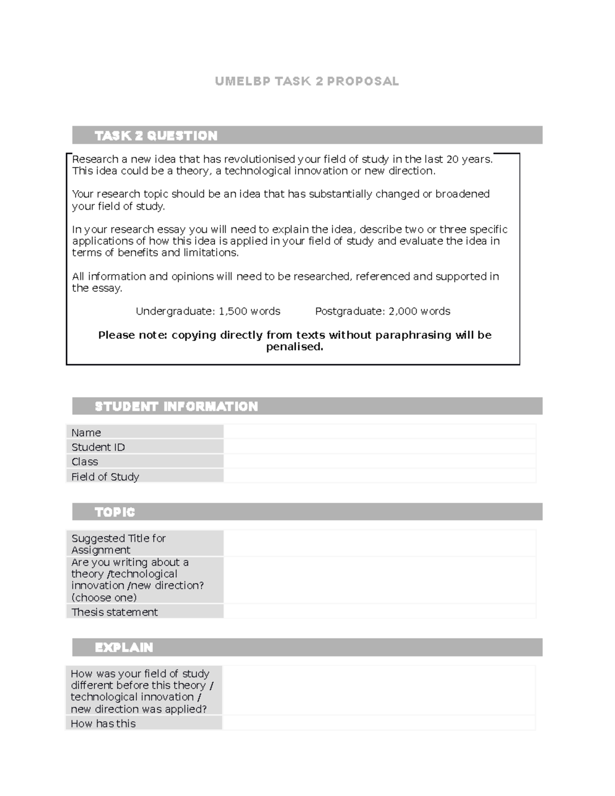 Task 2 Proposal V2 - UMELBP TASK 2 PROPOSAL TASK 2 QUESTION Research a ...