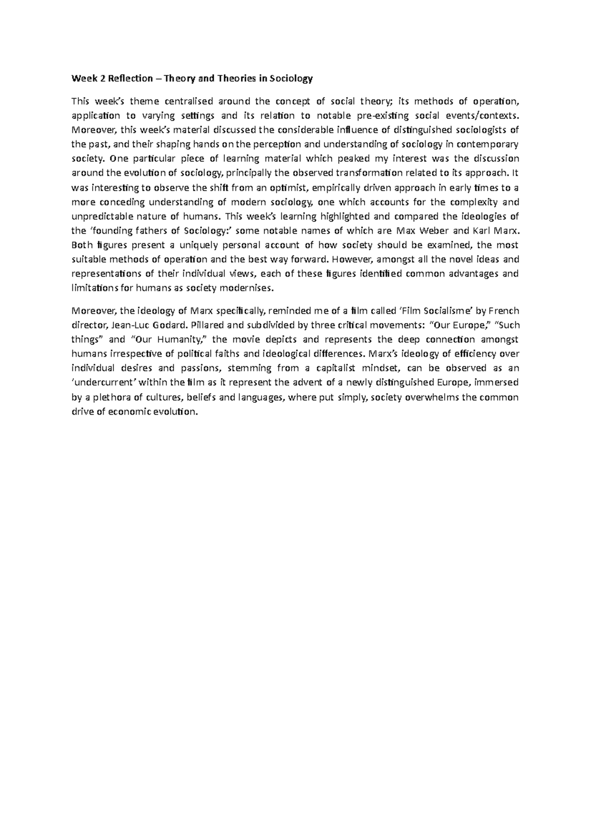 Week 2 Reflection - SOCY1050 - Week 2 Reflection – Theory and Theories in Sociology This week’s ...