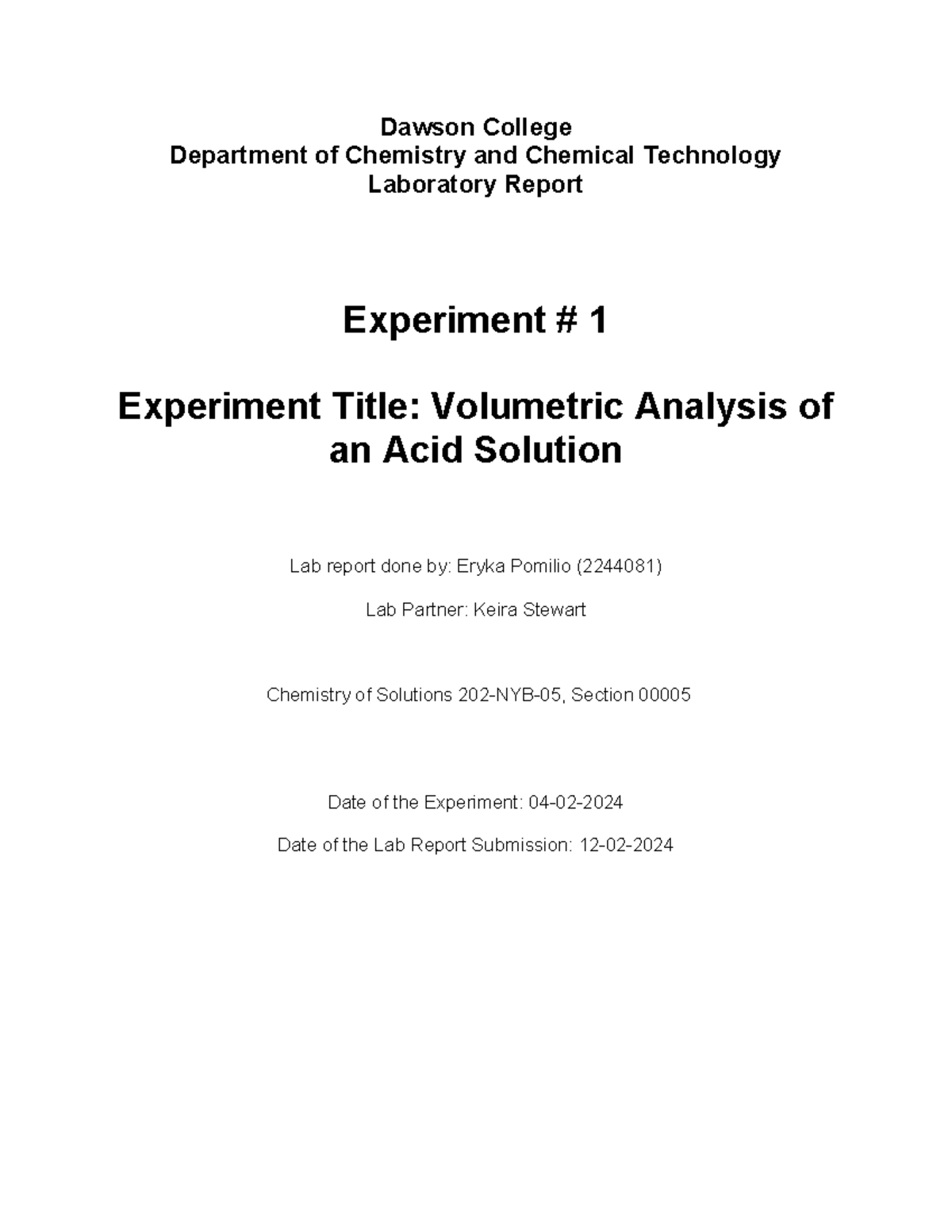 Volumetric Analysis of Acid lab - 202-NYB-05 - Dawson College ...