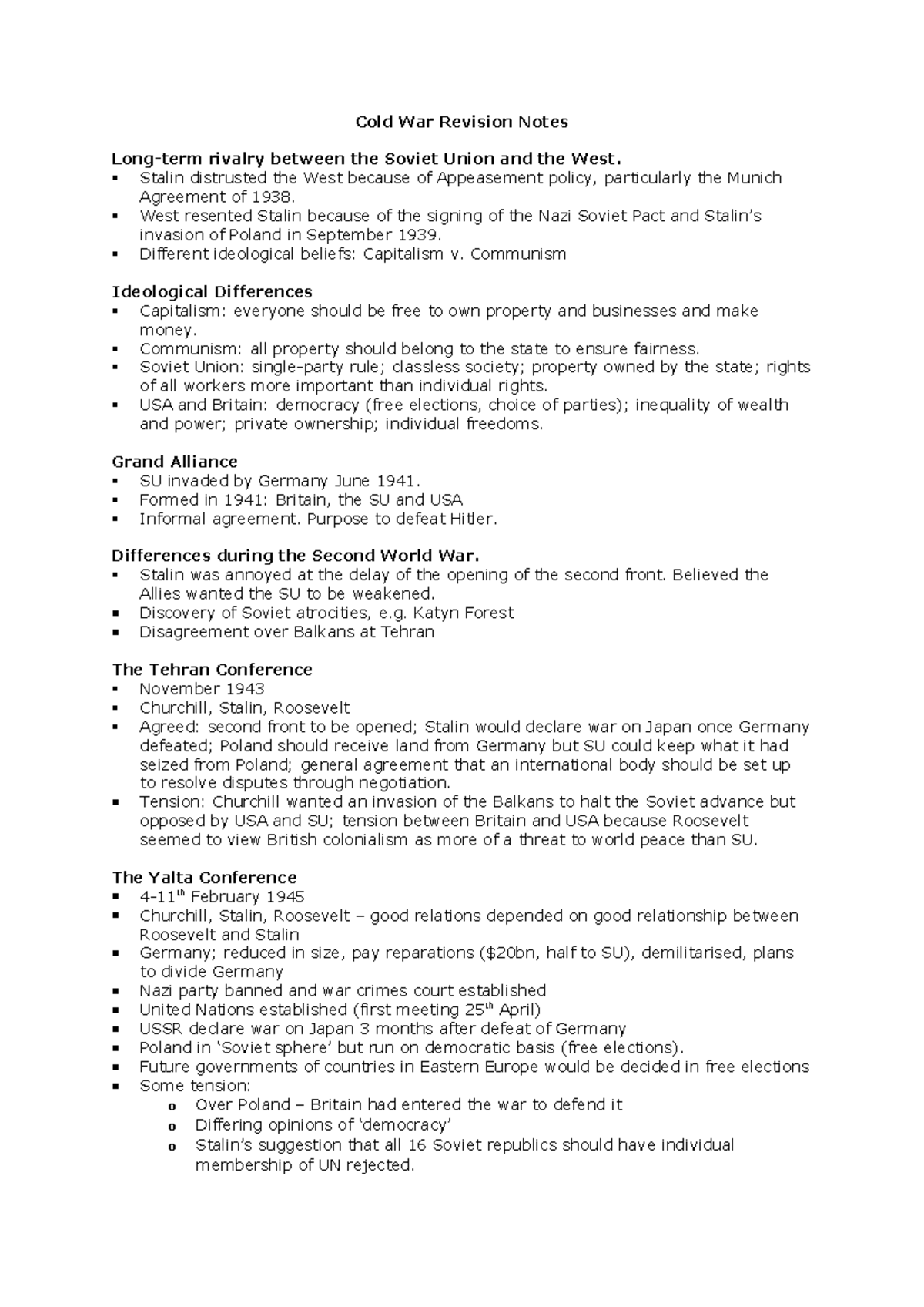 History Core Topics 4-6 - Cold War Revision Notes Long-term rivalry ...