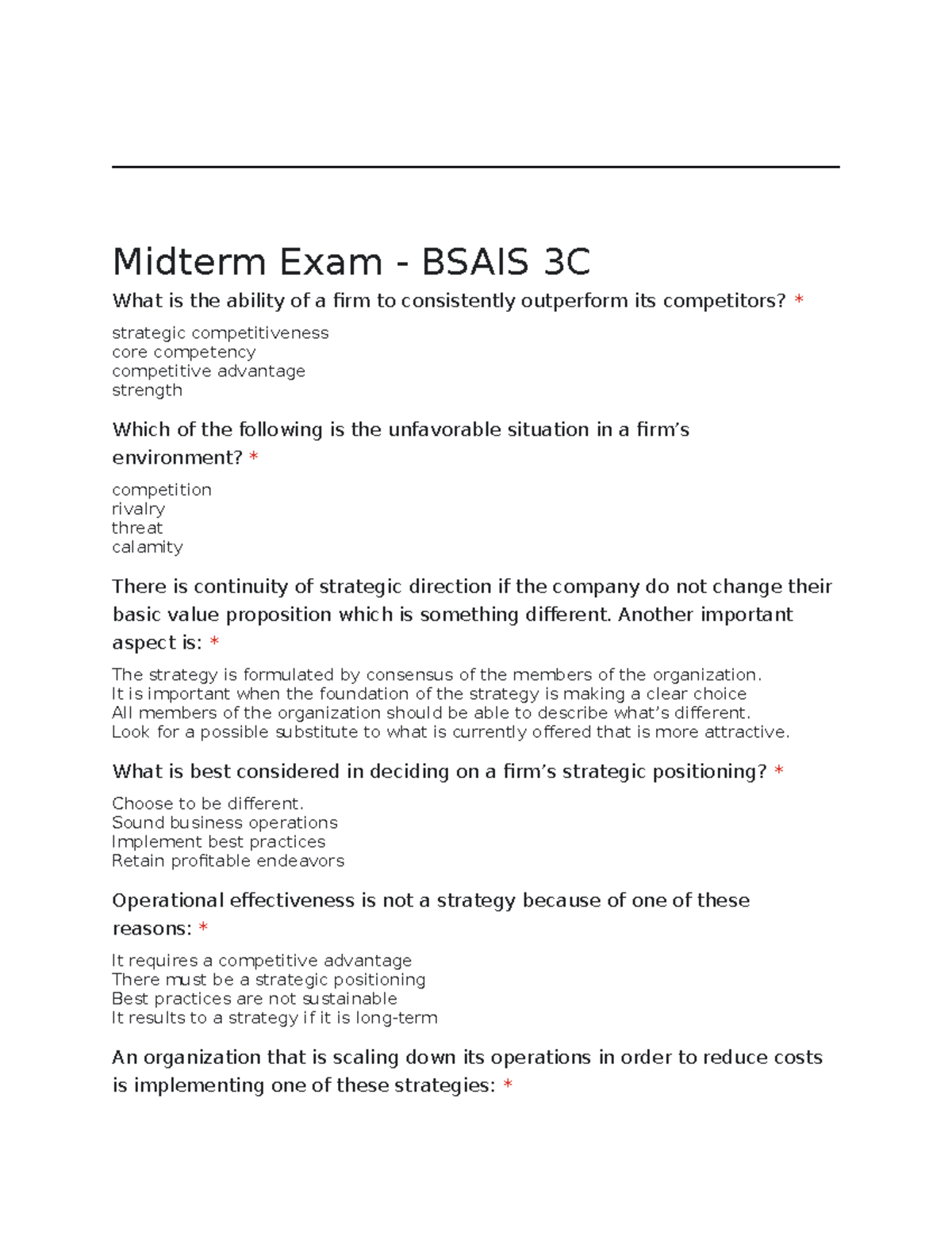 Midterm Exam Strategic Management - Midterm Exam - BSAIS 3C What is the ability of a firm to ...
