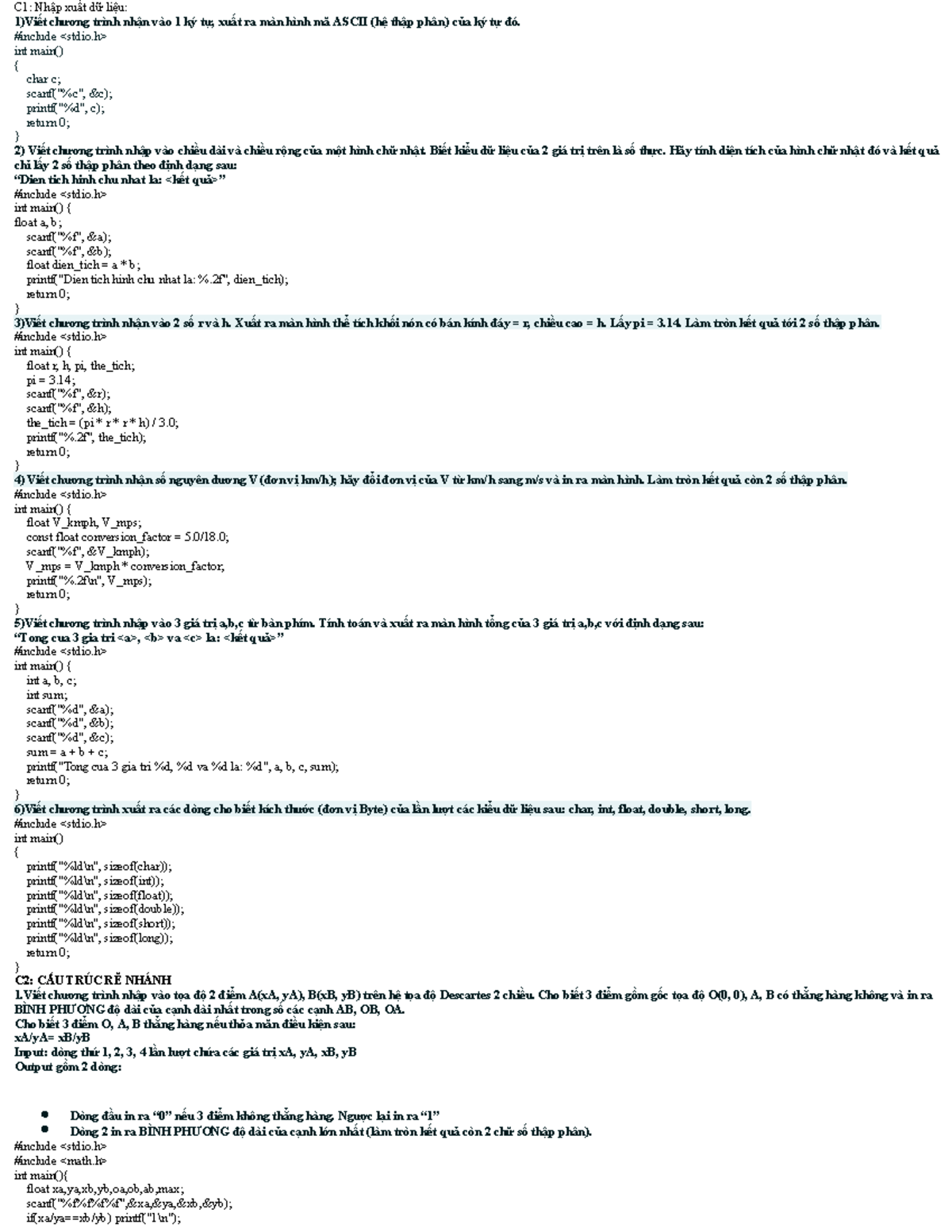 NMLT - abc - C1: Nhập xuất dữ liệu: 1)Viết chương trình nhận vào 1 ký tự, xuất ra màn hình mã ...