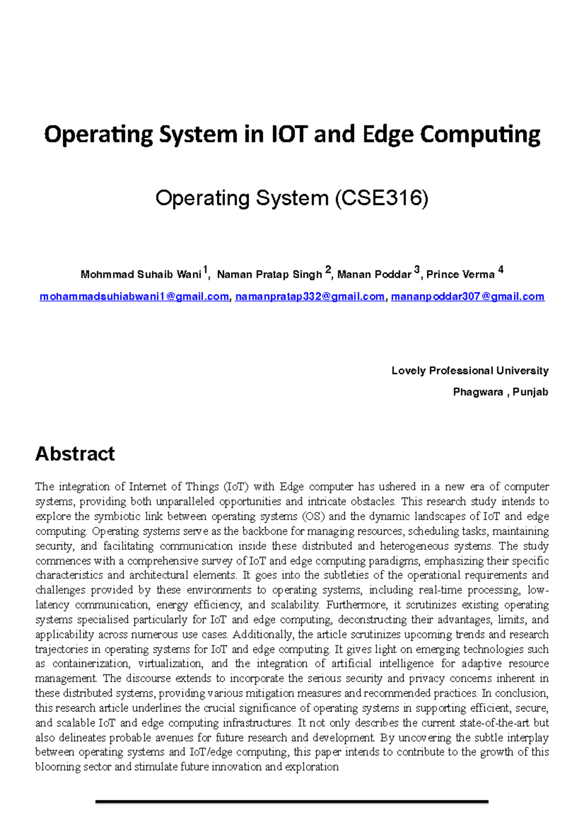 Reasearch Project - reserach projecg - Opera&ng System in IOT and Edge Compu&ng Operating - Studocu
