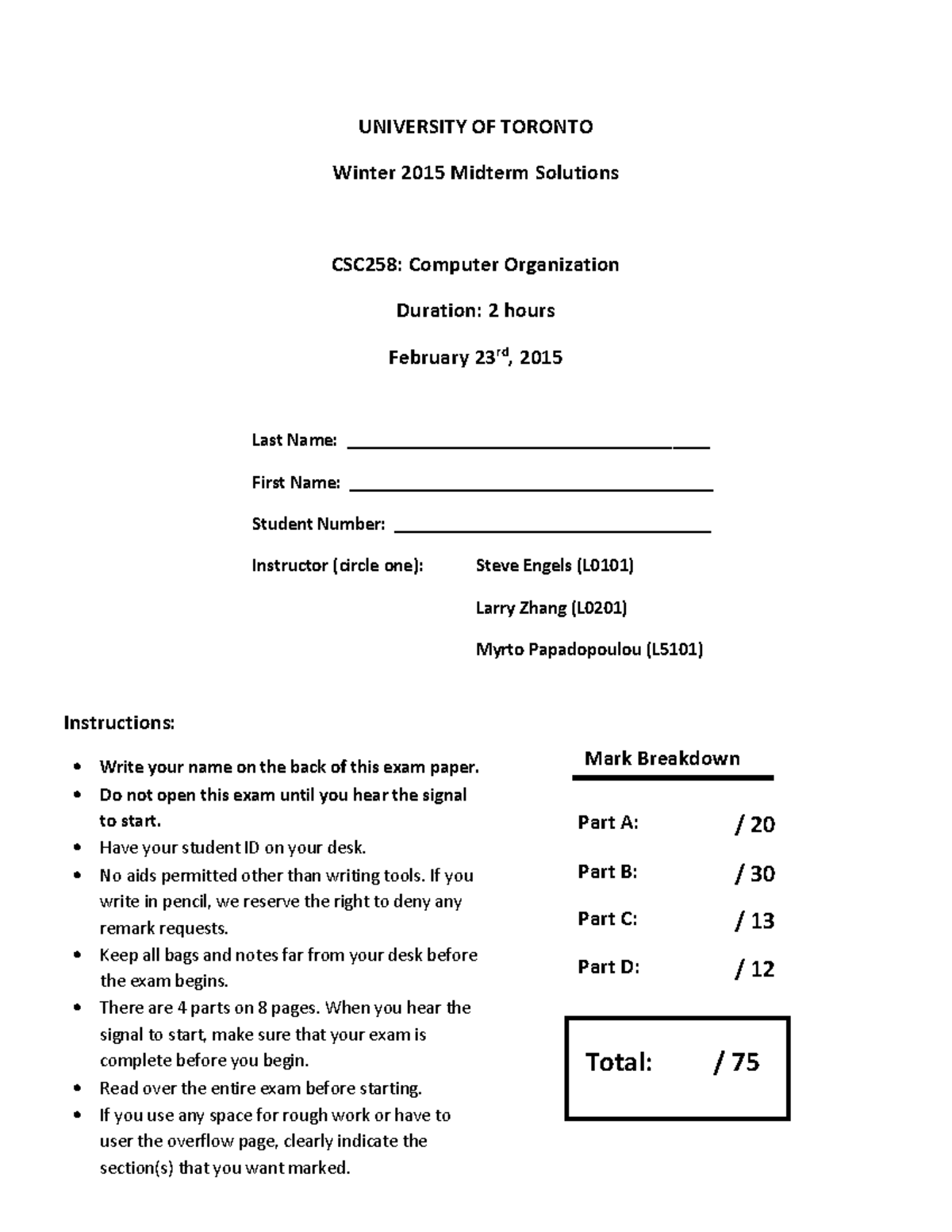 Midterm exam 23 February 2015, questions and answers - UNIVERSITY OF ...