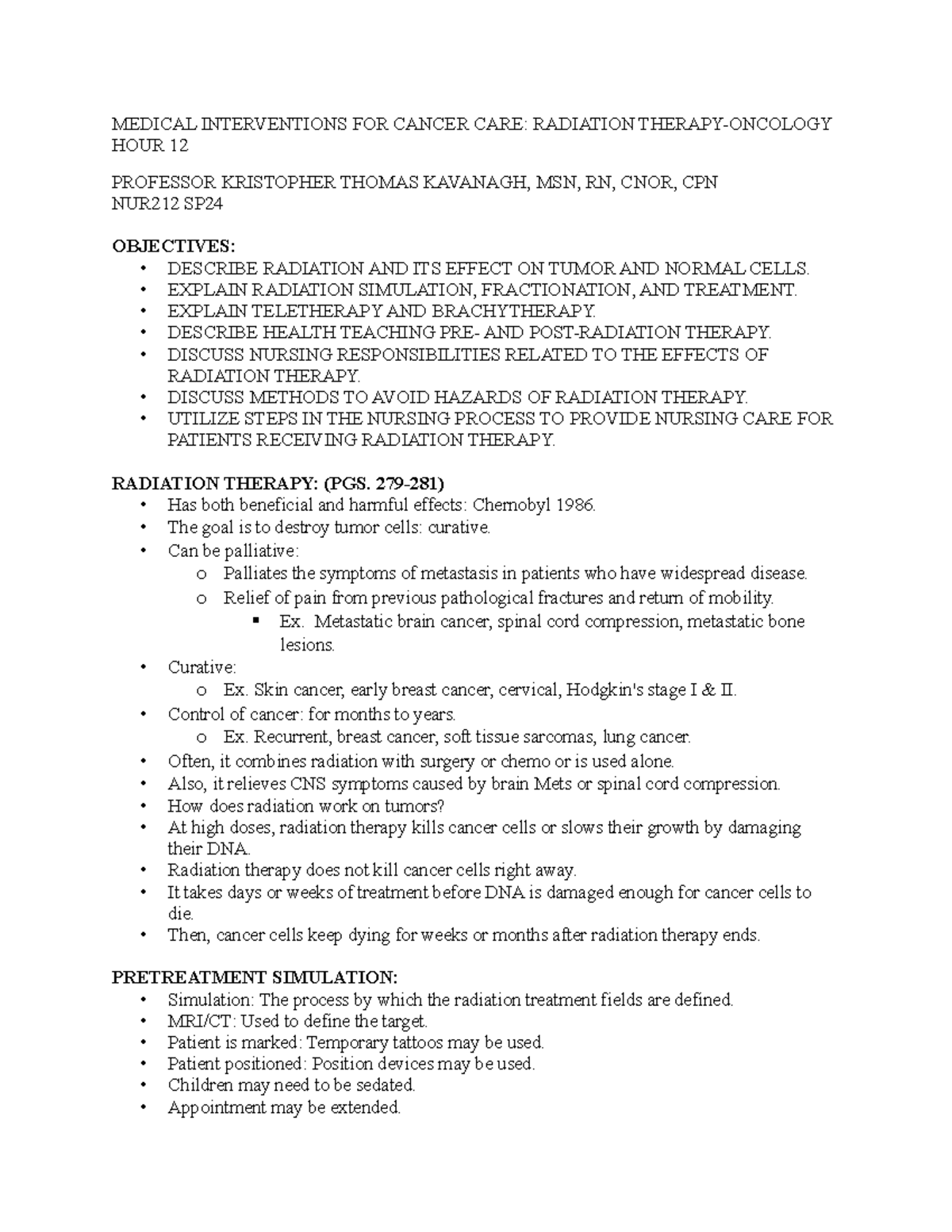 Oncology HOUR 12 Notes- Updated - MEDICAL INTERVENTIONS FOR CANCER CARE ...