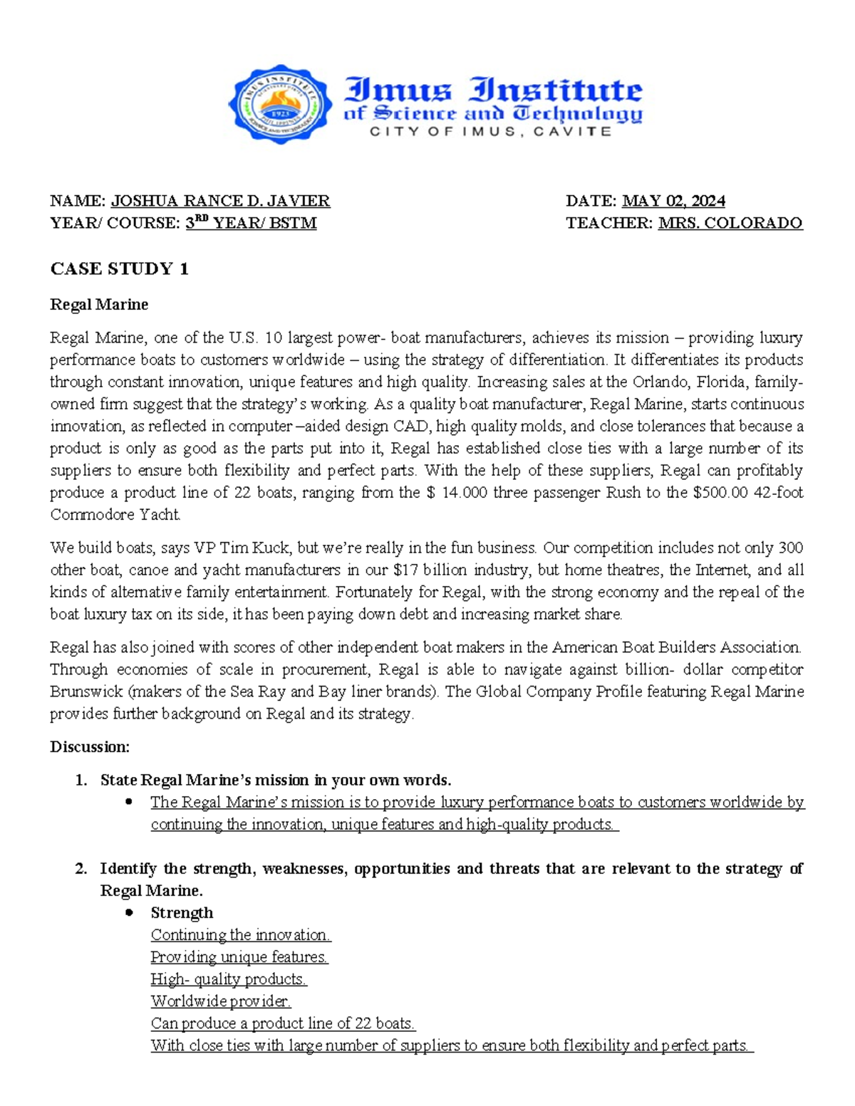 Case Study - NAME: JOSHUA RANCE D. JAVIER DATE: MAY 02, 2024 YEAR ...