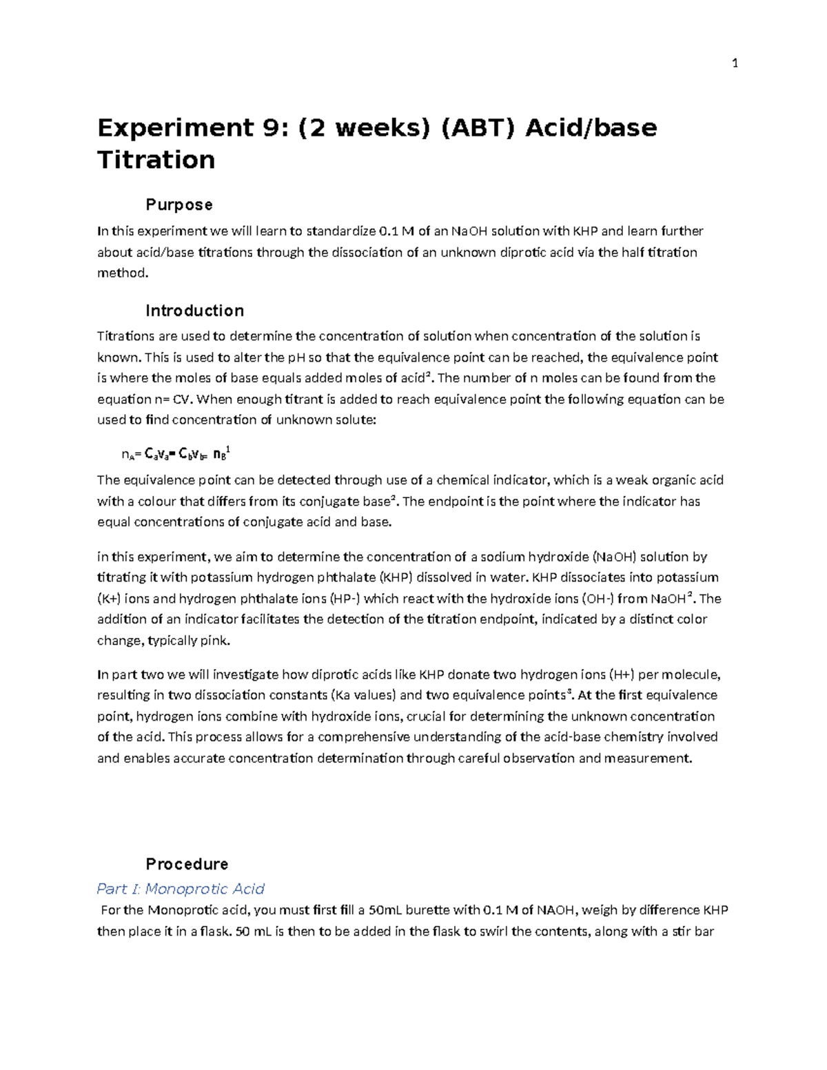 Tiffany lee acid base titration - Experiment 9: (2 weeks) (ABT) Acid ...