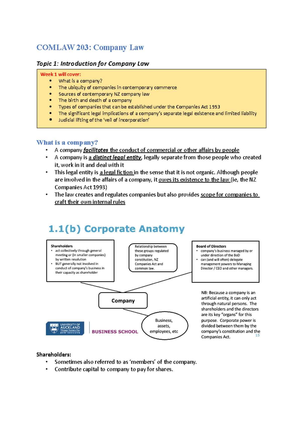 Comlaw 203 Notes - COMLAW 203: Company Law Topic 1: Introduction for ...