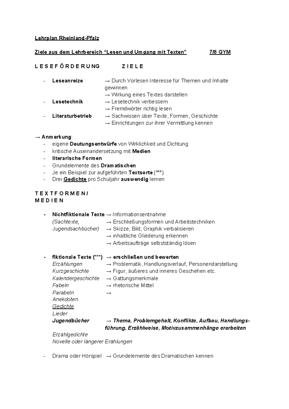 Lehrplan Rheinland-Pfalz- allgemeine Ziele, Lesen- Umgang mit Texten ...