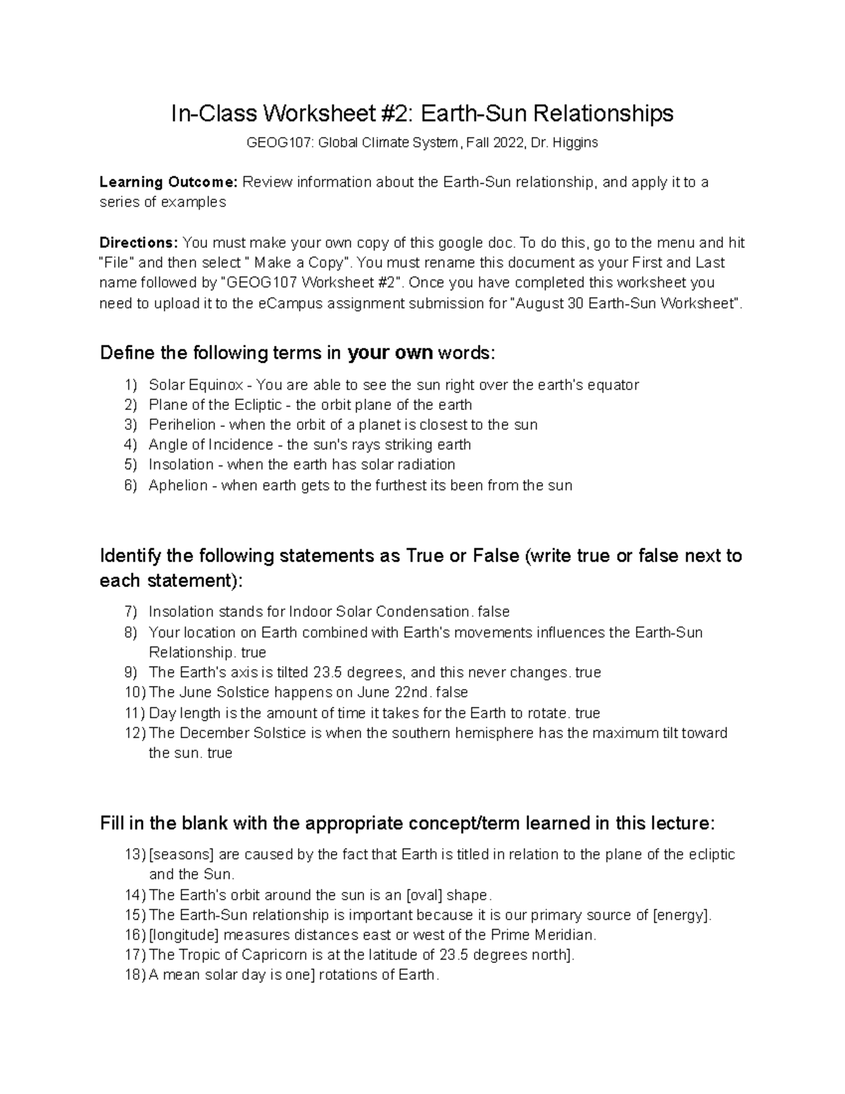 GEOG107 Worksheet #2 - Earth-Sun Relations - In-Class Worksheet #2 ...