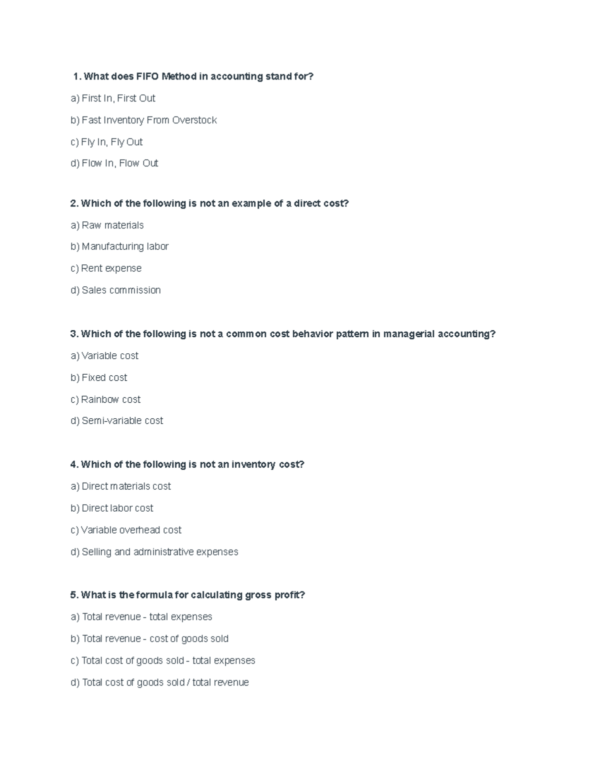 Practice exam questions MA midterm - What does FIFO Method in ...