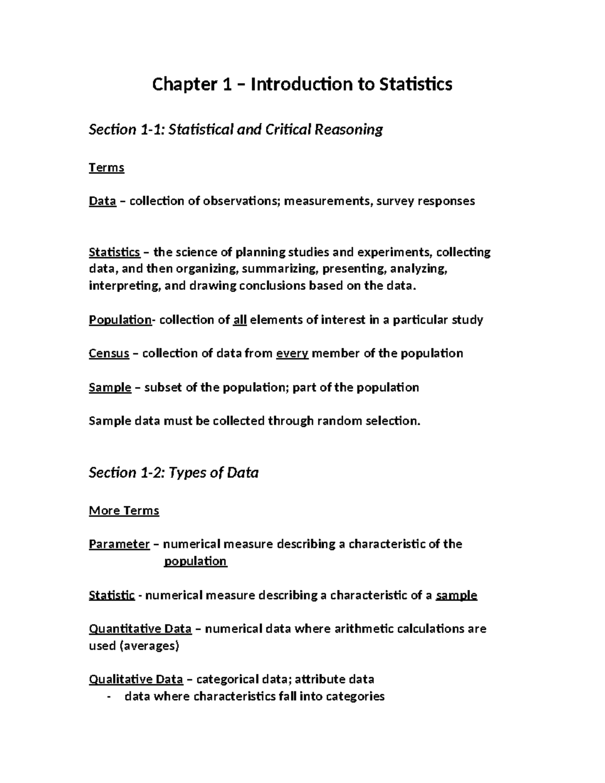 Notes; Sec 1-1 & 1-2 - Chapter 1 – Introduction to Statistics Section 1 ...