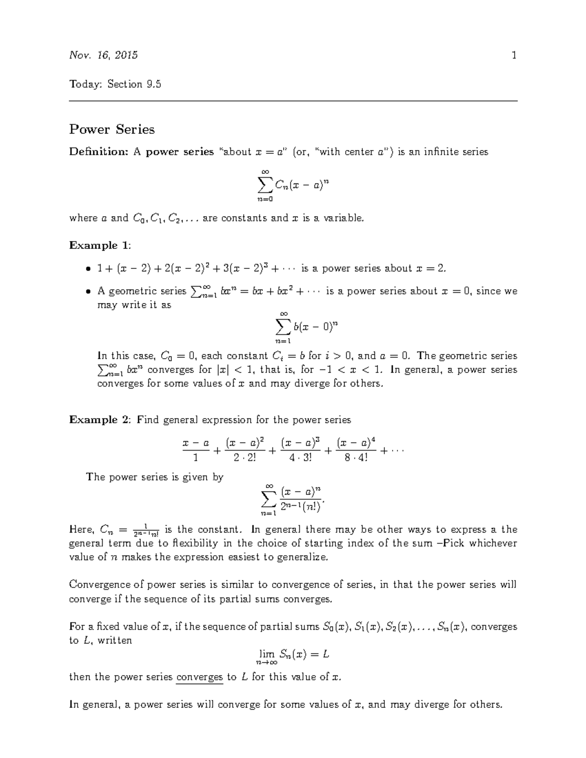 107 F15 Notes Week13 - Today: Section 9. Power Series Definition:Apower ...