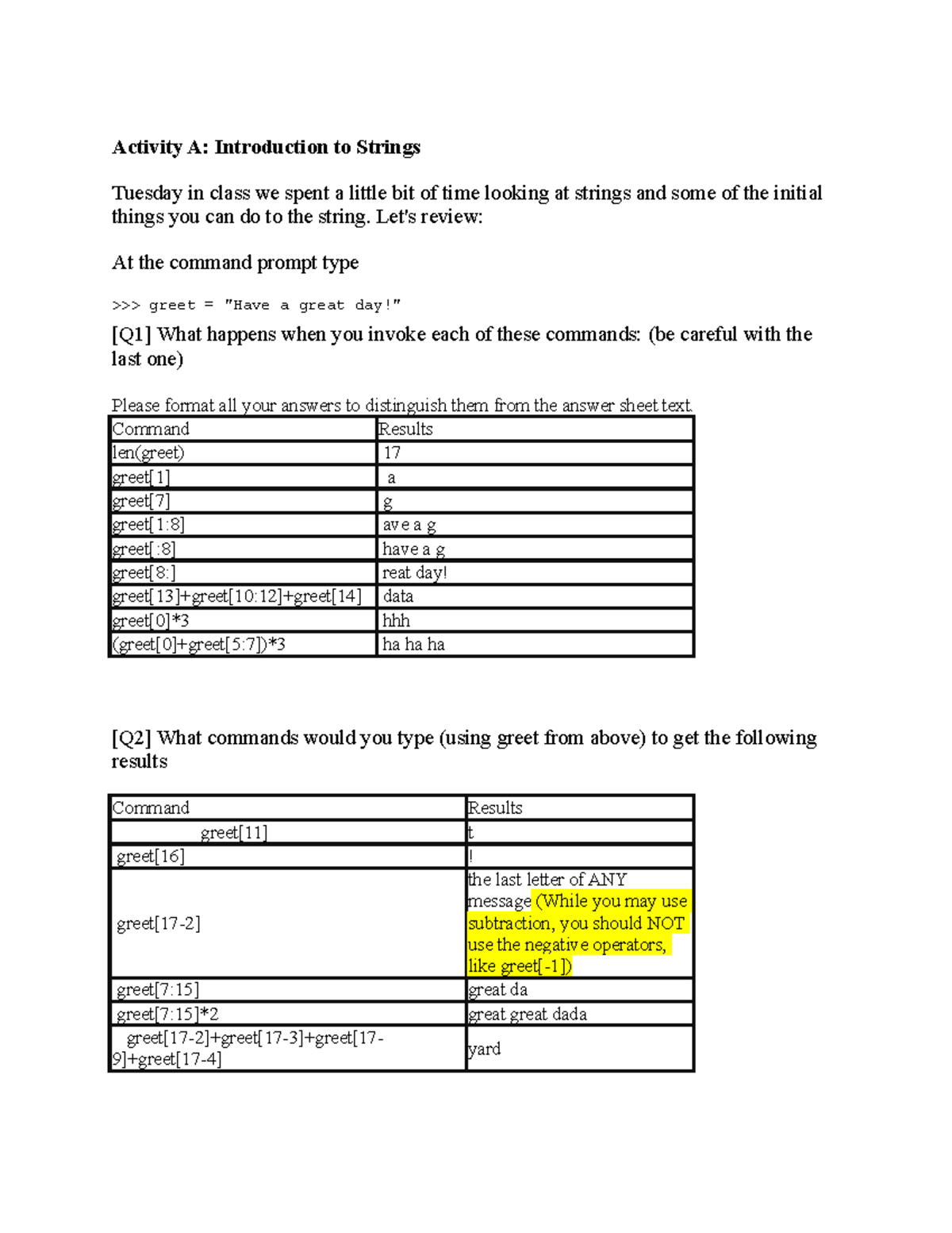 String Answer Sheet-1 (1) - Activity A: Introduction to Strings Tuesday ...