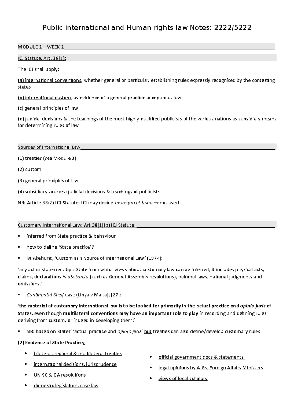 Public International Law Lecture 2 Notes - Public international and ...