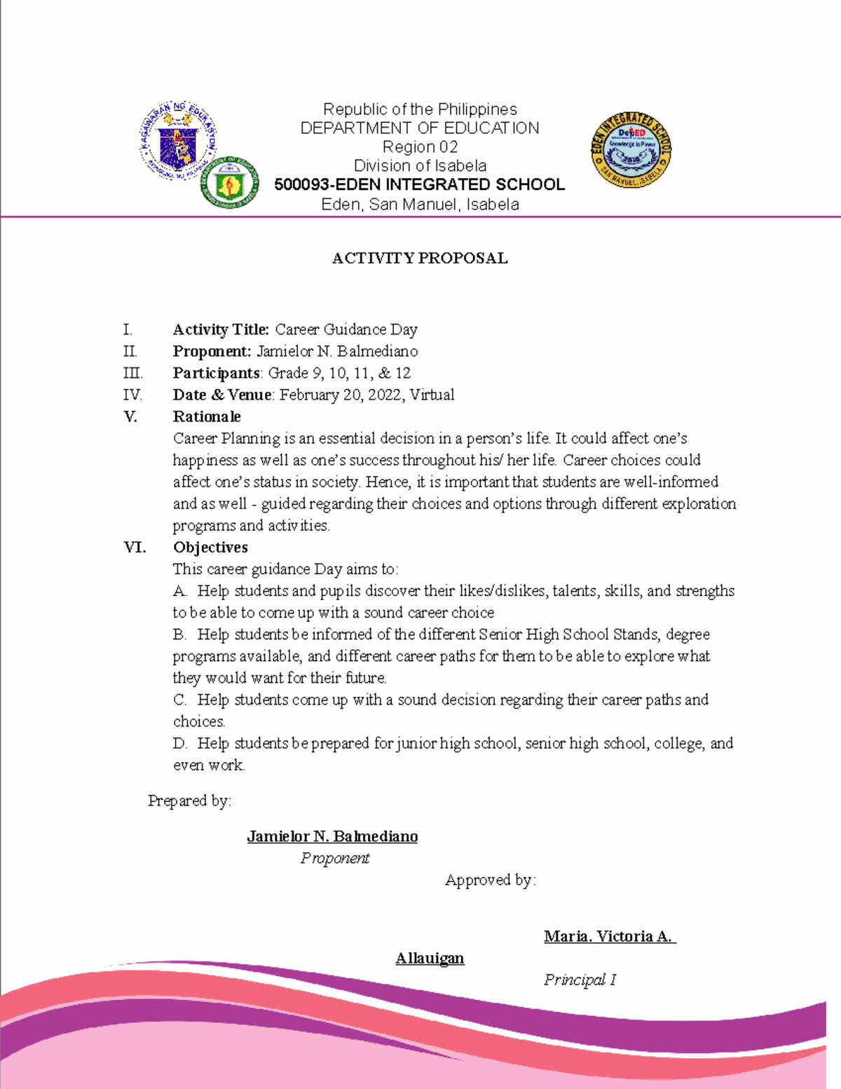 Activity proposal - jjjjj - Republic of the Philippines DEPARTMENT OF ...