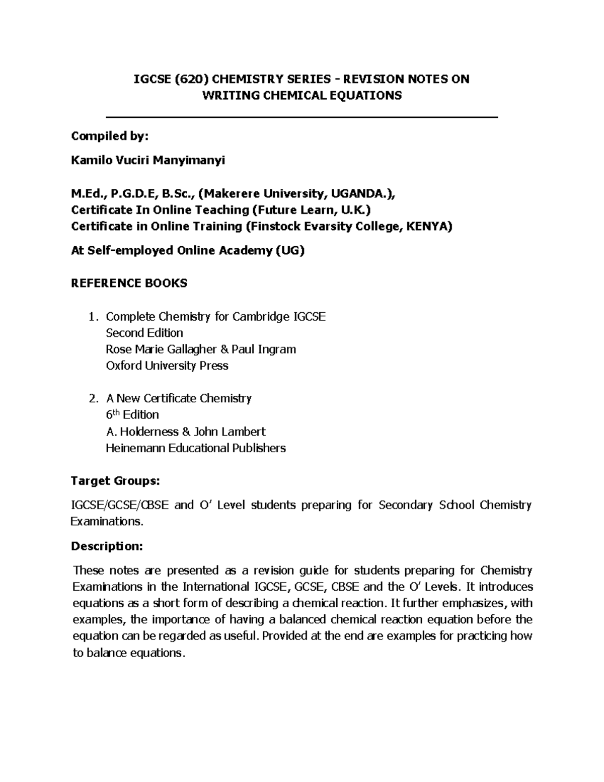 IGCSE 0620 CHEMISTRY SERIES REVISION NOTES ON WRITING CHEMICAL
