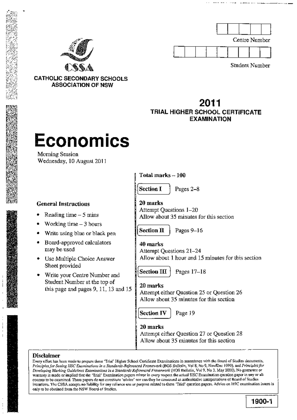 2011 Economics CSSA Trial with Solutions - Centre Number CSSA Student Number CATHOLIC SECONDARY ...