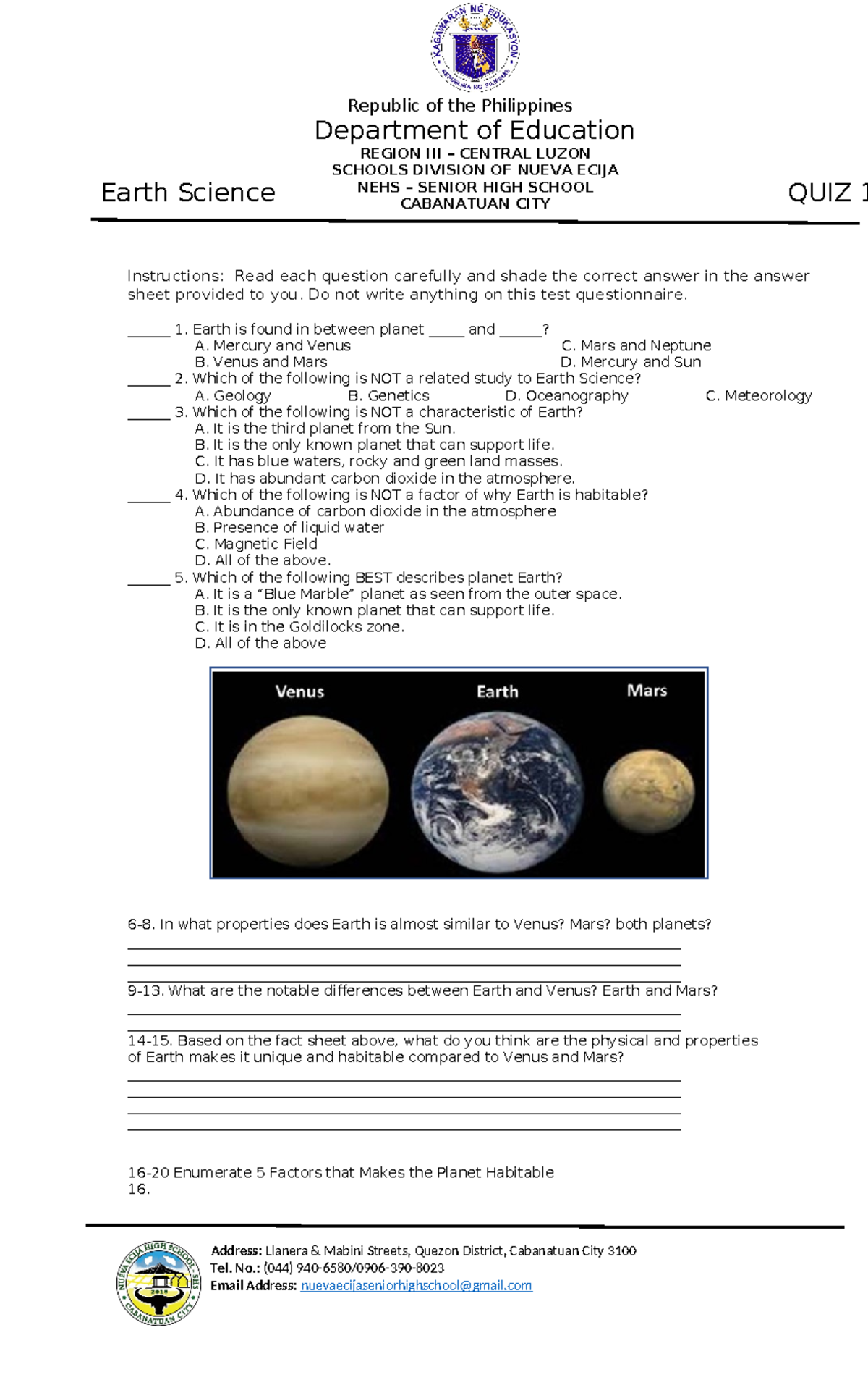 Earth Science QUIZ 1 - Quiz 1 for Topic 1-3 - Republic of the ...