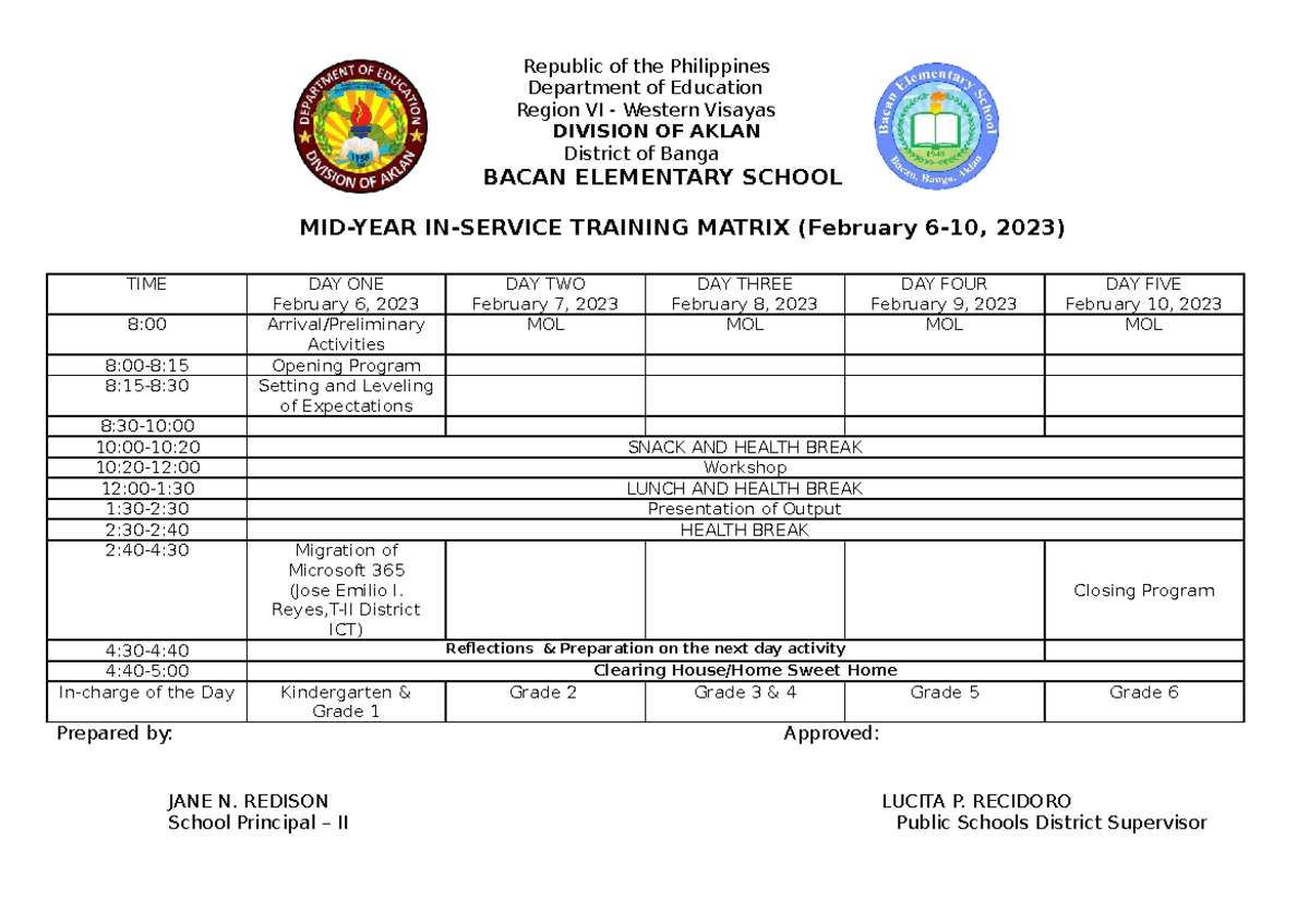 Bacan ES Inset Matrix 2023 - Republic of the Philippines Department of ...