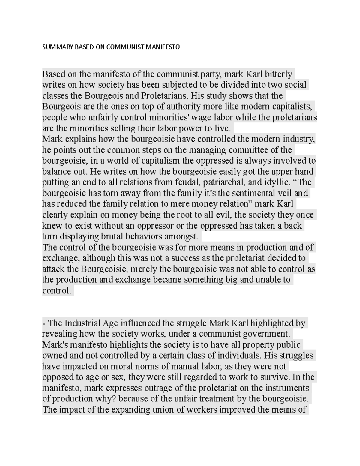 Summary Based ON Communist Manifesto - SUMMARY BASED ON COMMUNIST ...