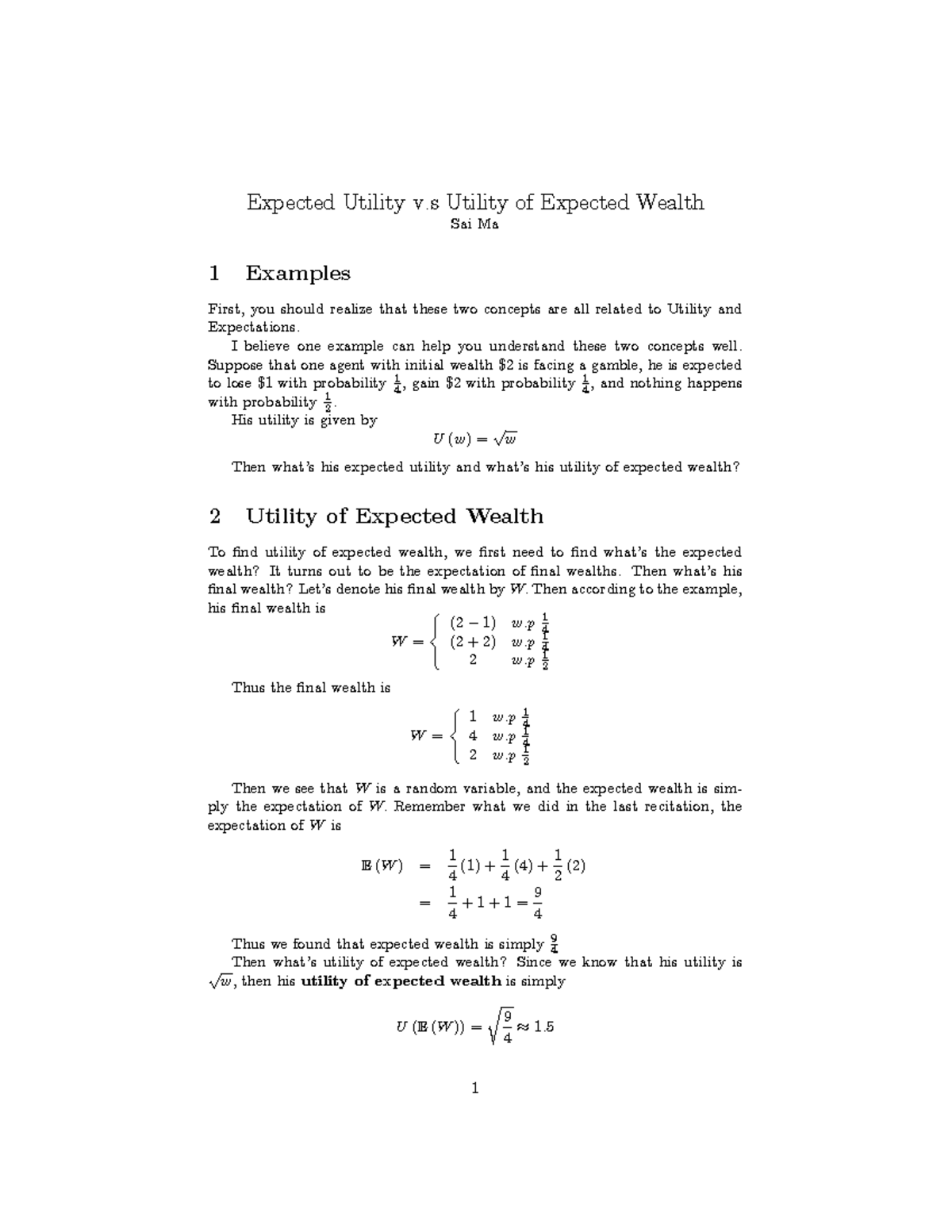 Expected utility and Utility of expected wealth - Expected Utility v ...