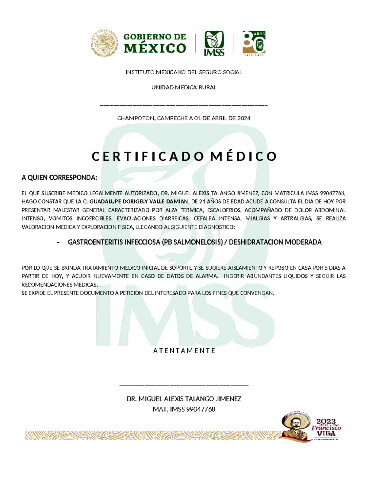 Constancia Médica IMSS-1 - INSTITUTO MEXICANO DEL SEGURO SOCIAL UNIDAD ...