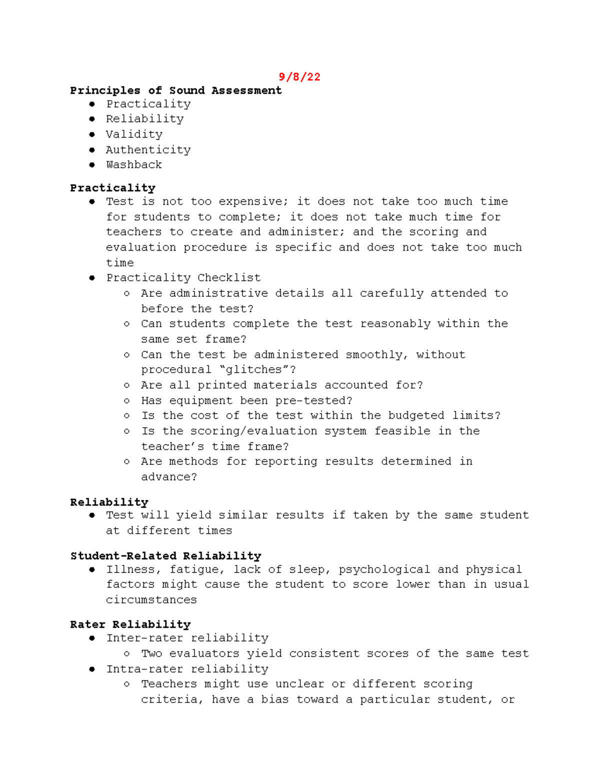 Tesol 428 - Lecture Notes - 9/8/ Principles of Sound Assessment ...