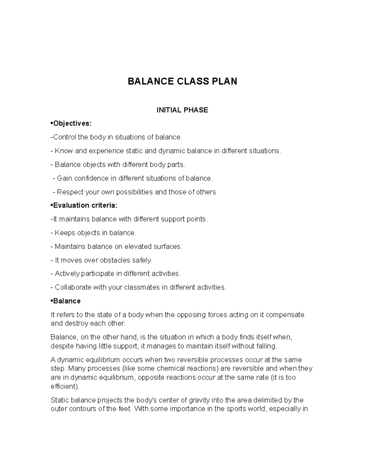 Balance Class PLAN - BALANCE CLASS PLAN INITIAL PHASE •Objectives ...