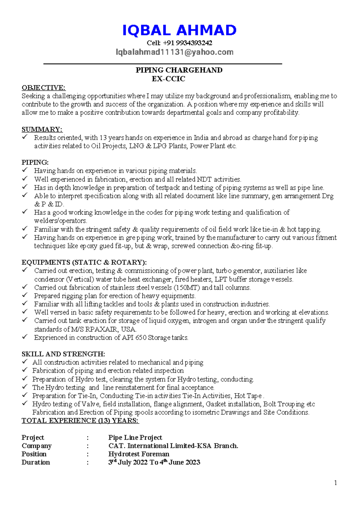 Charge hand cv of iqbal ahmad - Cell: +91 9934393242 Iqbalahmad11131 ...