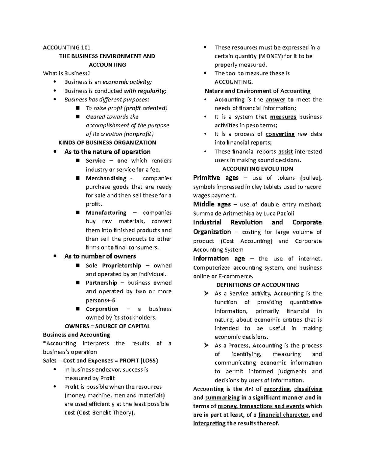 Accounting 101 - Lecture notes 1 - ACCOUNTING 101 THE BUSINESS ...